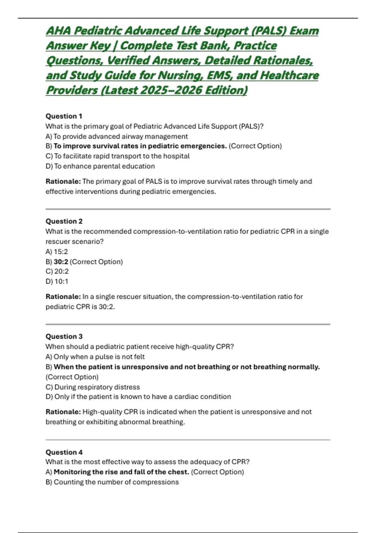 Comprehensive AHA Pediatric Advanced Life Support Exam Resource with ...