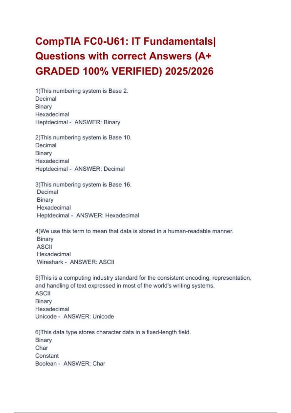 CompTIA FC0-U61: IT Fundamentals| Questions with correct Answers (A+ ...
