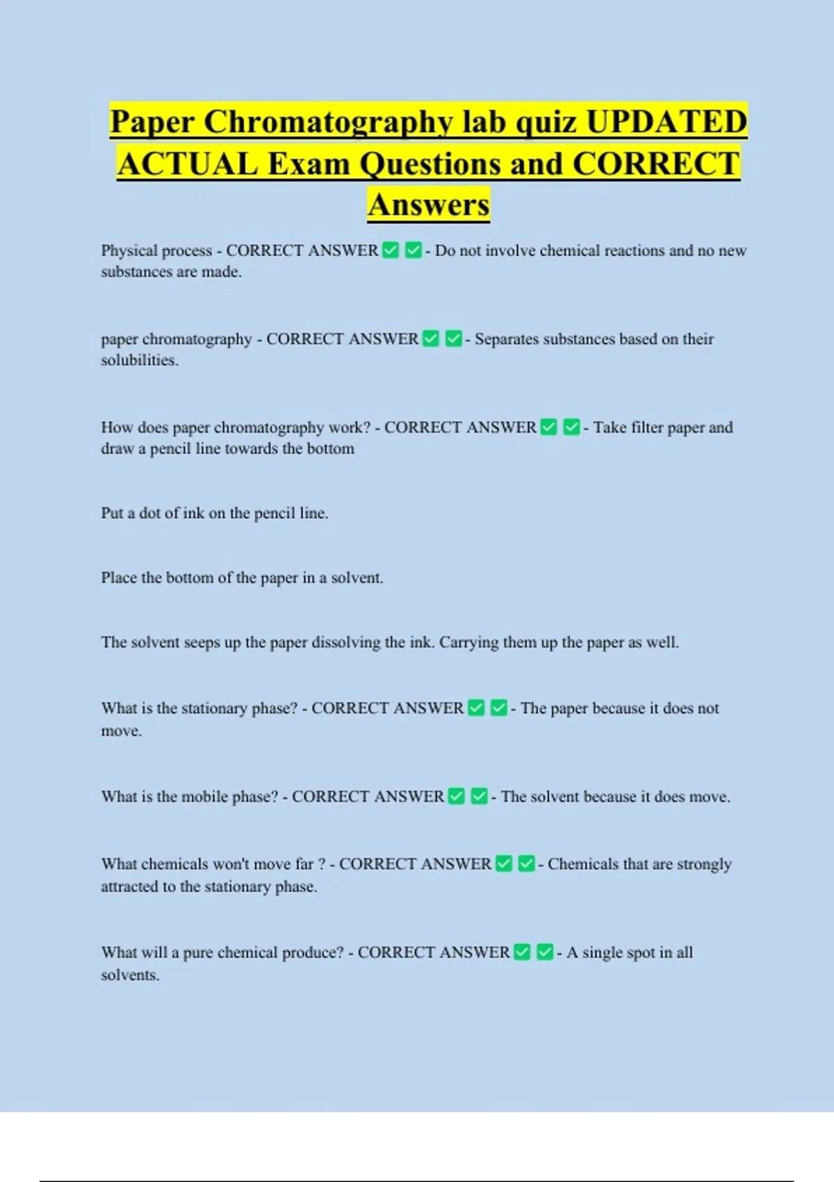 Paper Chromatography lab quiz UPDATED ACTUAL Exam Questions and CORRECT ...