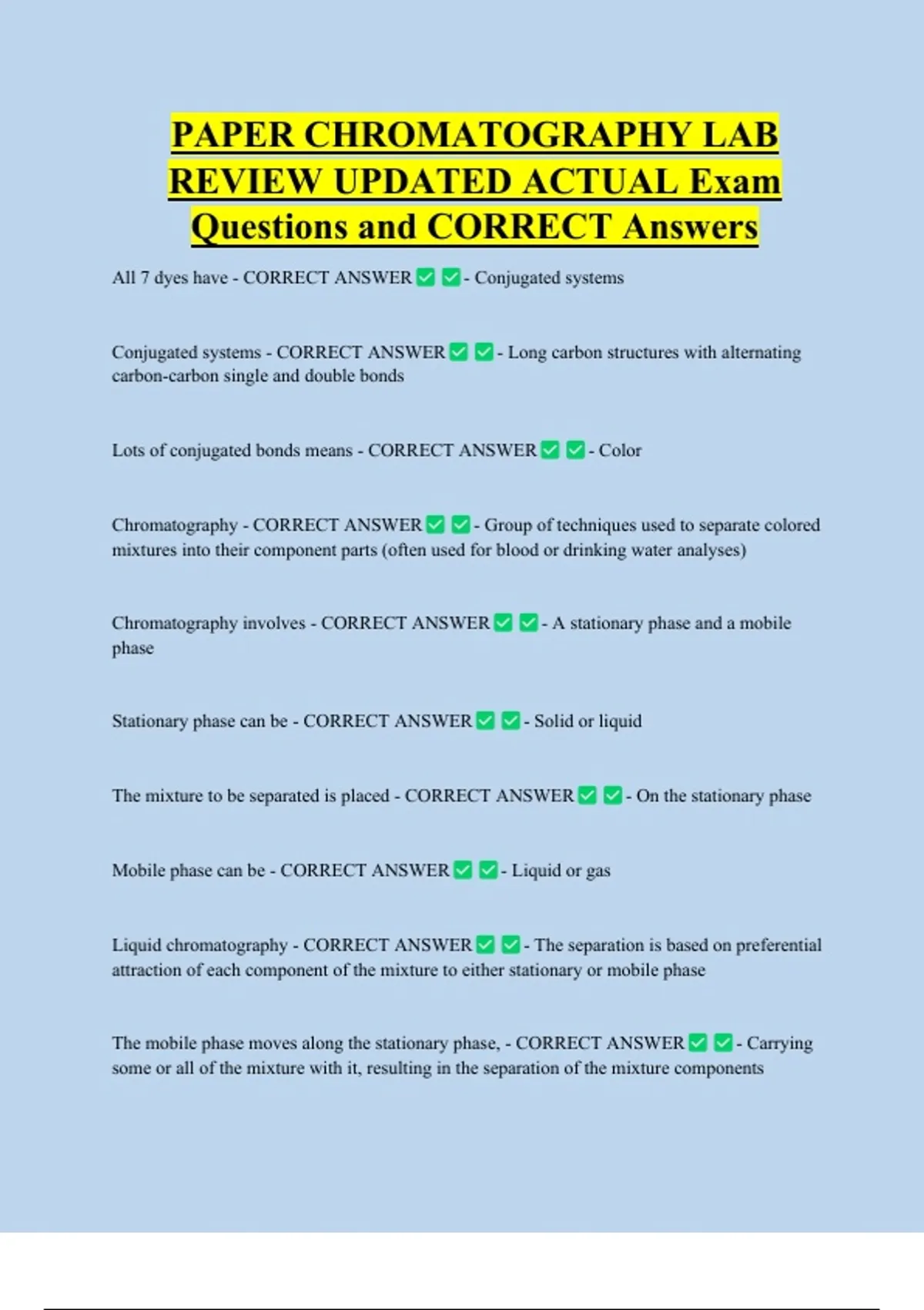 PAPER CHROMATOGRAPHY LAB REVIEW UPDATED ACTUAL Exam Questions and ...