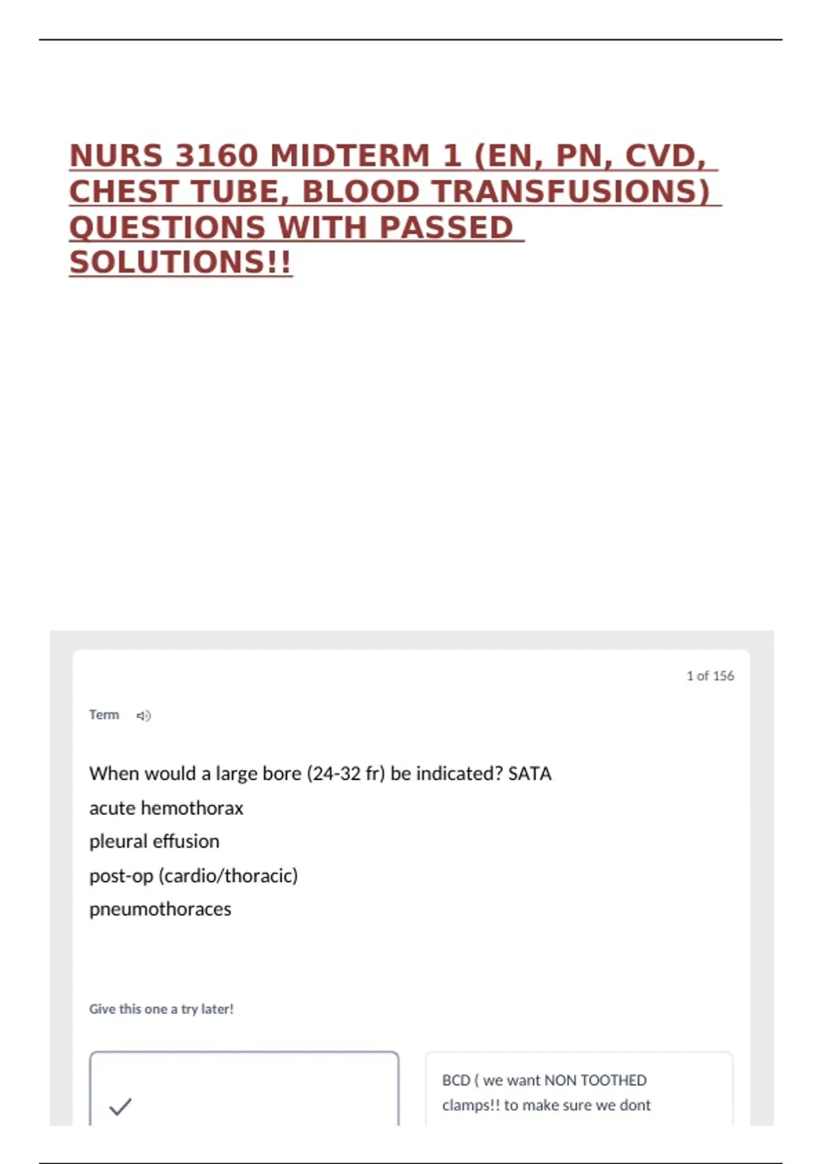 NURS 3160 MIDTERM 1 (EN, PN, CVD, CHEST TUBE, BLOOD TRANSFUSIONS ...