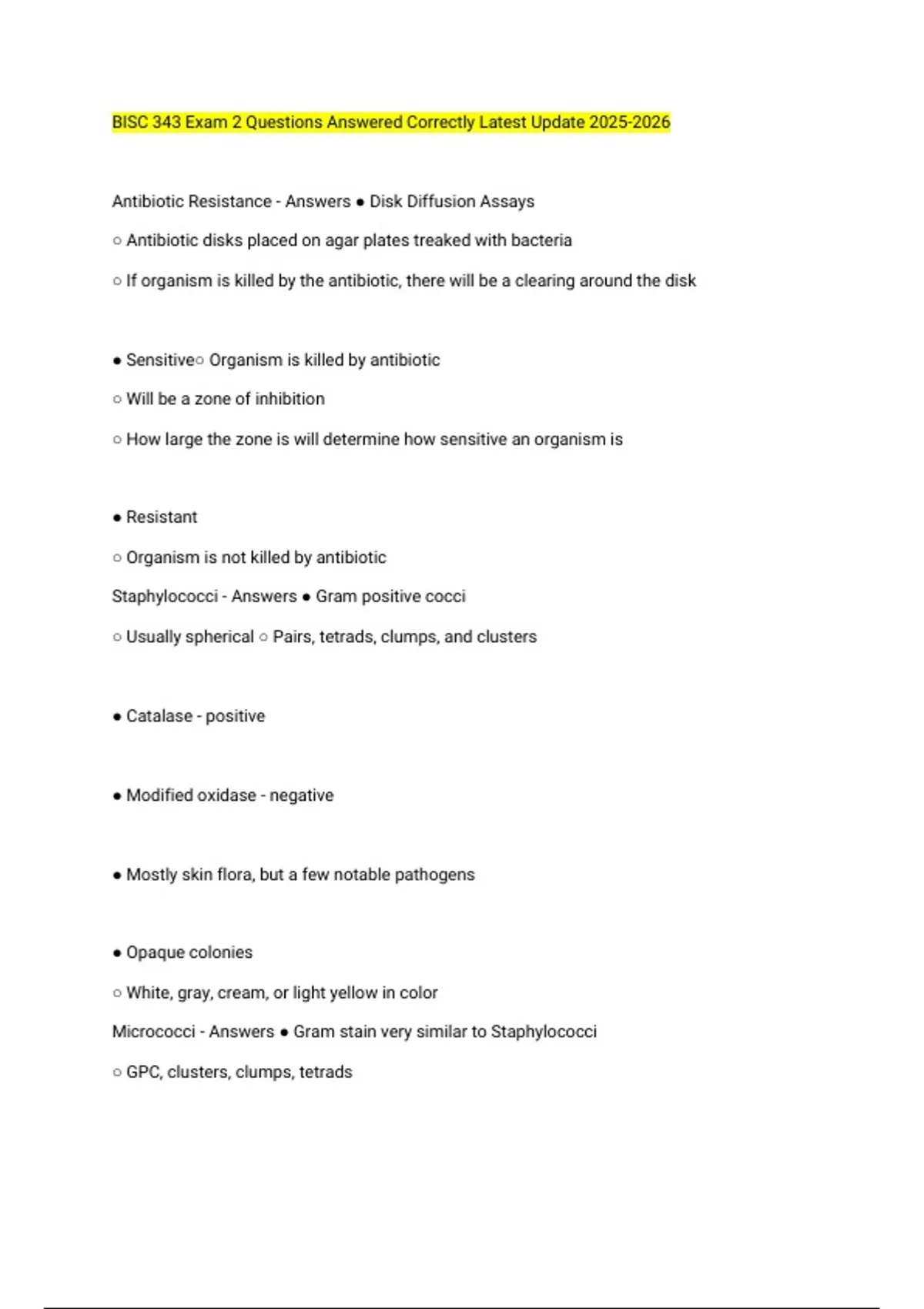 BISC 343 Exam 2 Questions Answered Correctly Latest Update - BISC 343 ...