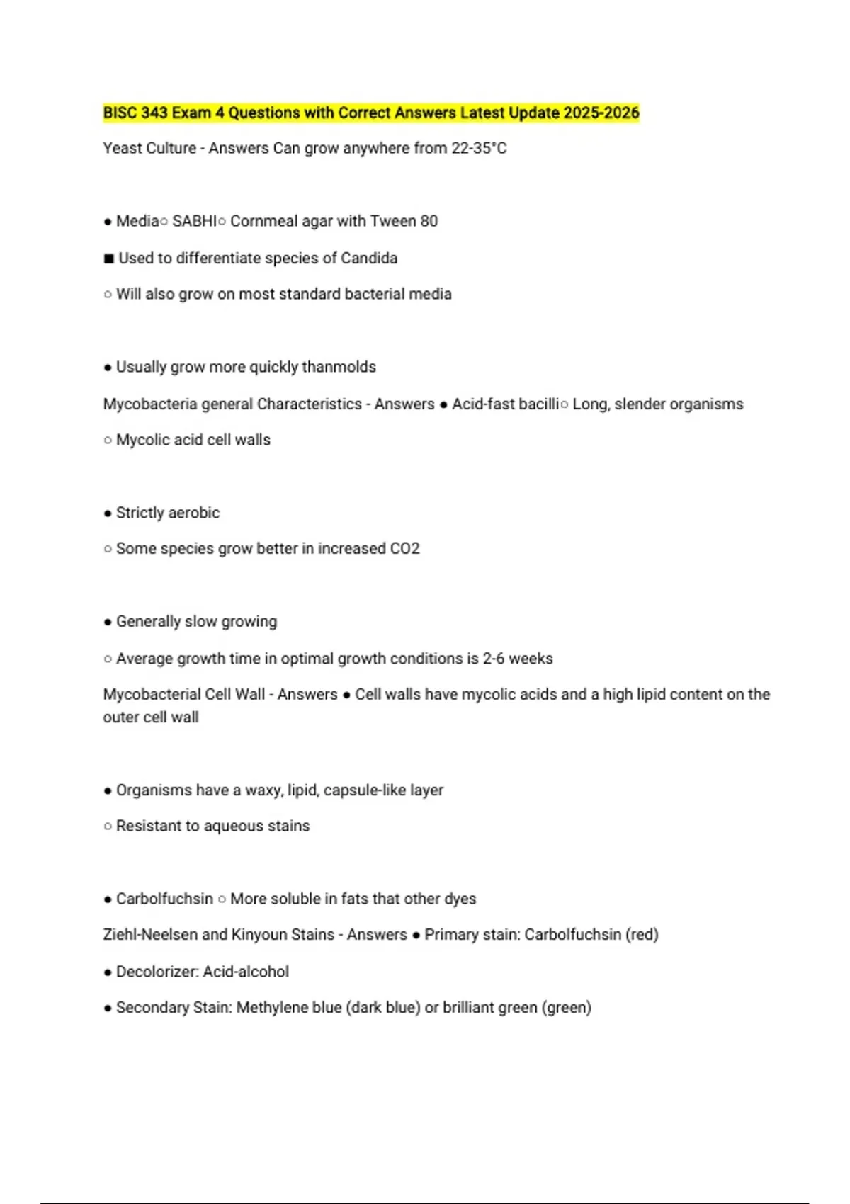 BISC 343 Exam 4 Questions with Correct Answers Latest Update - BISC 343 ...