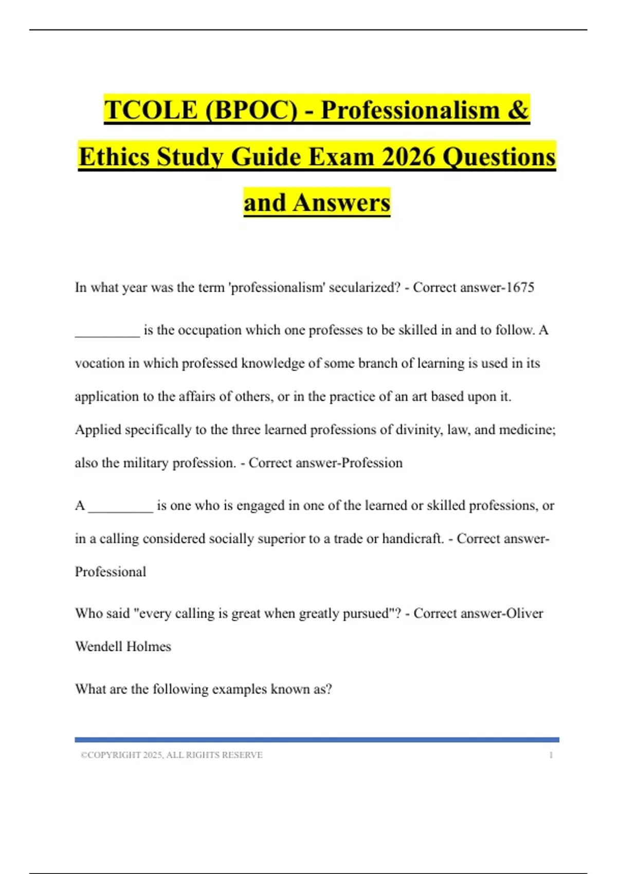 TCOLE (BPOC) - Professionalism & Ethics Study Guide Exam 2026 Questions ...