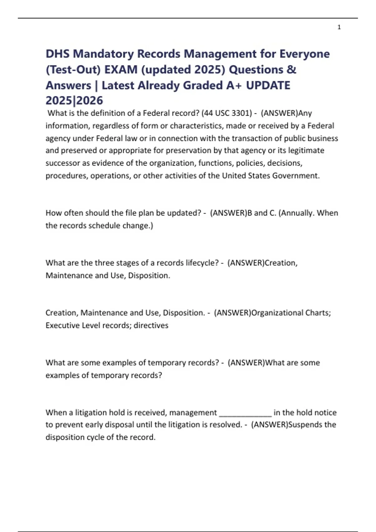 DHS Mandatory Records Management for Everyone (Test-Out) EXAM (updated ...