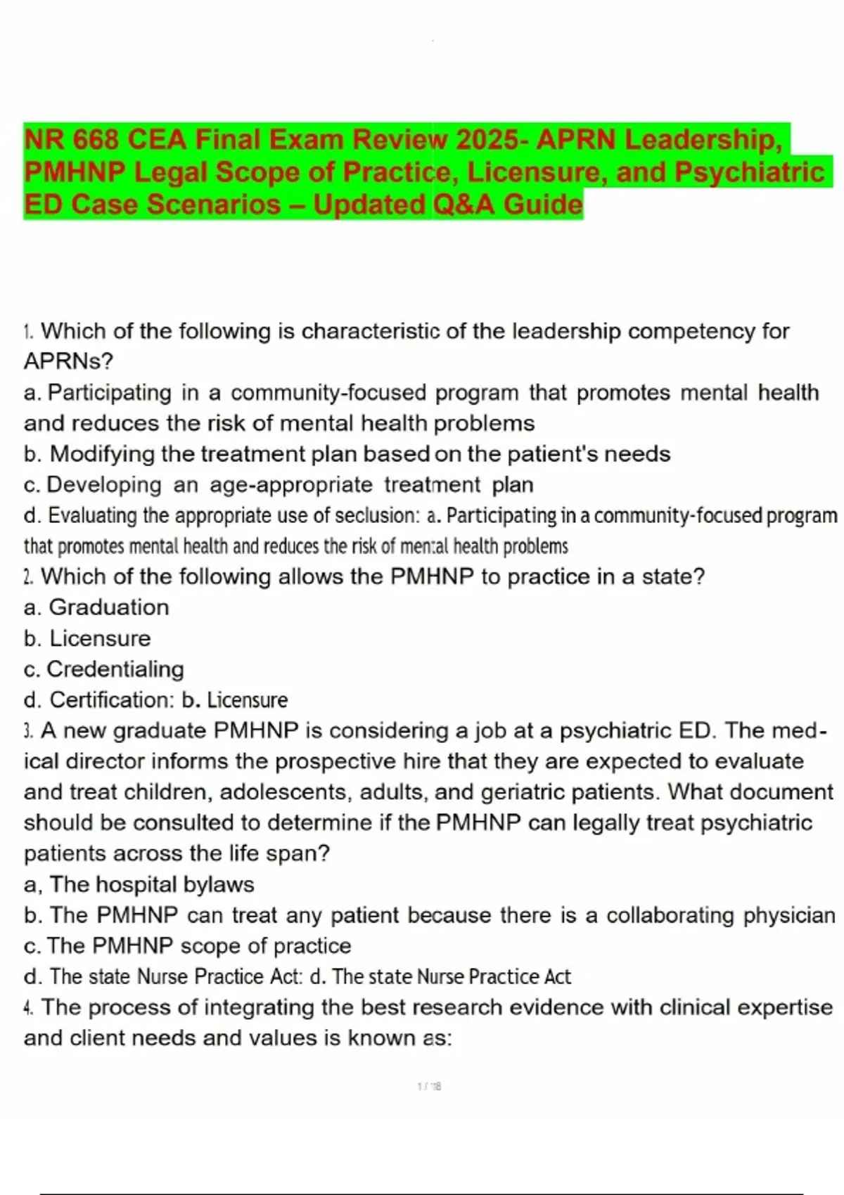 NR 668 CEA Final Exam Review 2025- APRN Leadership, PMHNP Legal Scope ...
