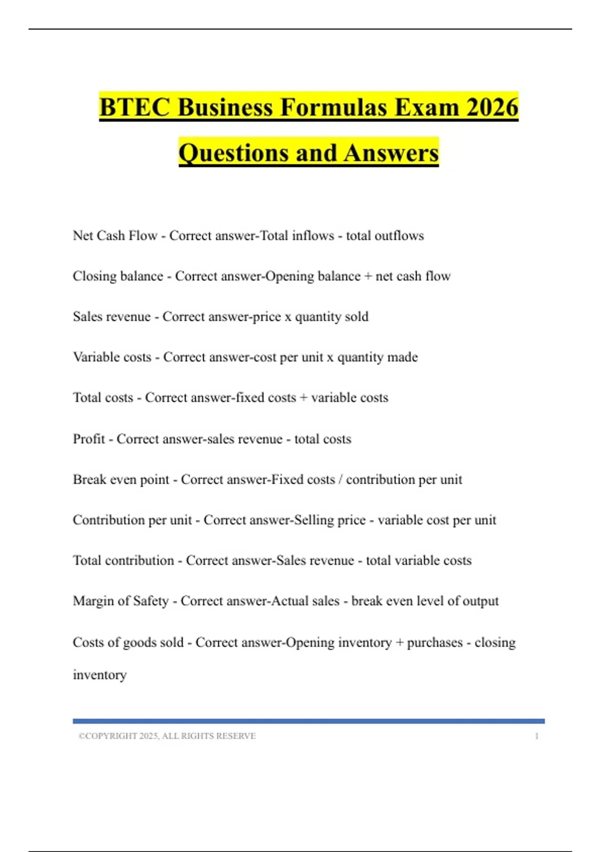 BTEC Business Formulas Exam 2026 Questions and Answers - BTEC Business ...