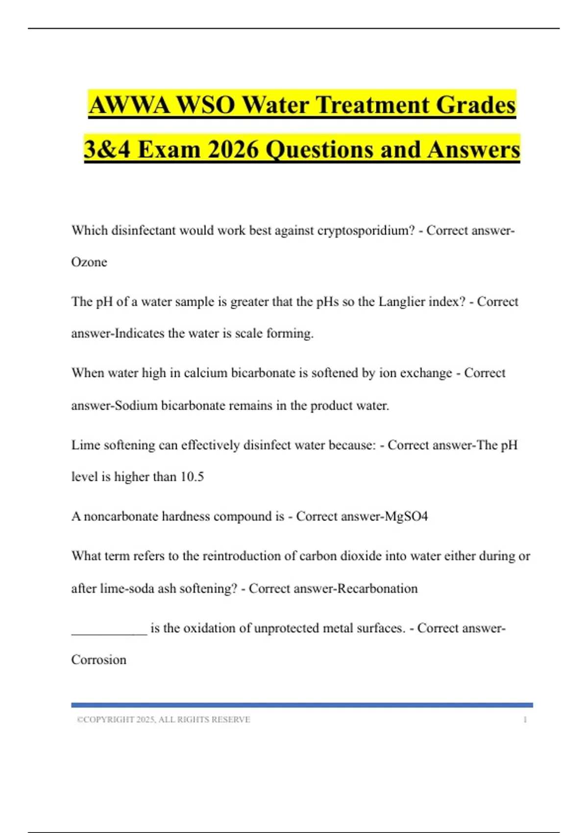AWWA WSO Water Treatment Grades 3&4 Exam 2026 Questions and Answers ...