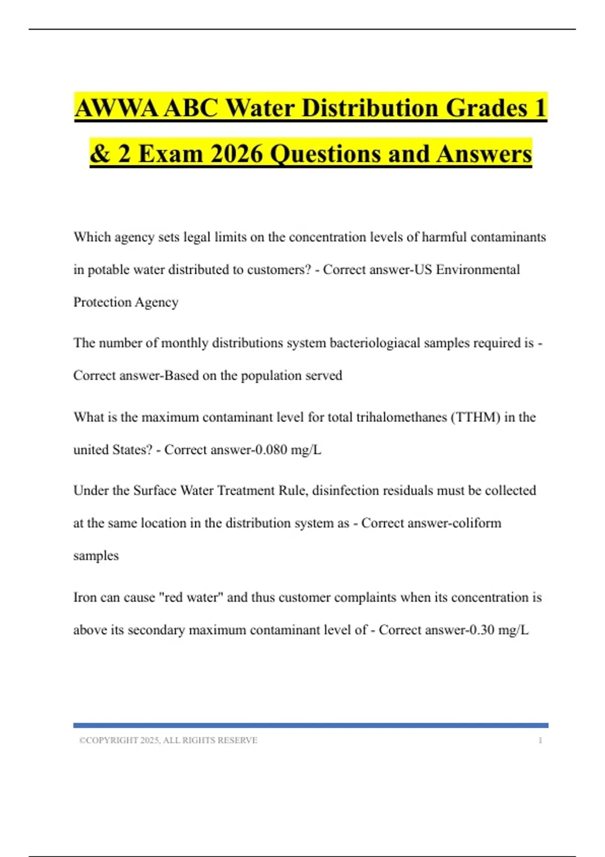 AWWA ABC Water Distribution Grades 1 & 2 Exam 2026 Questions and ...