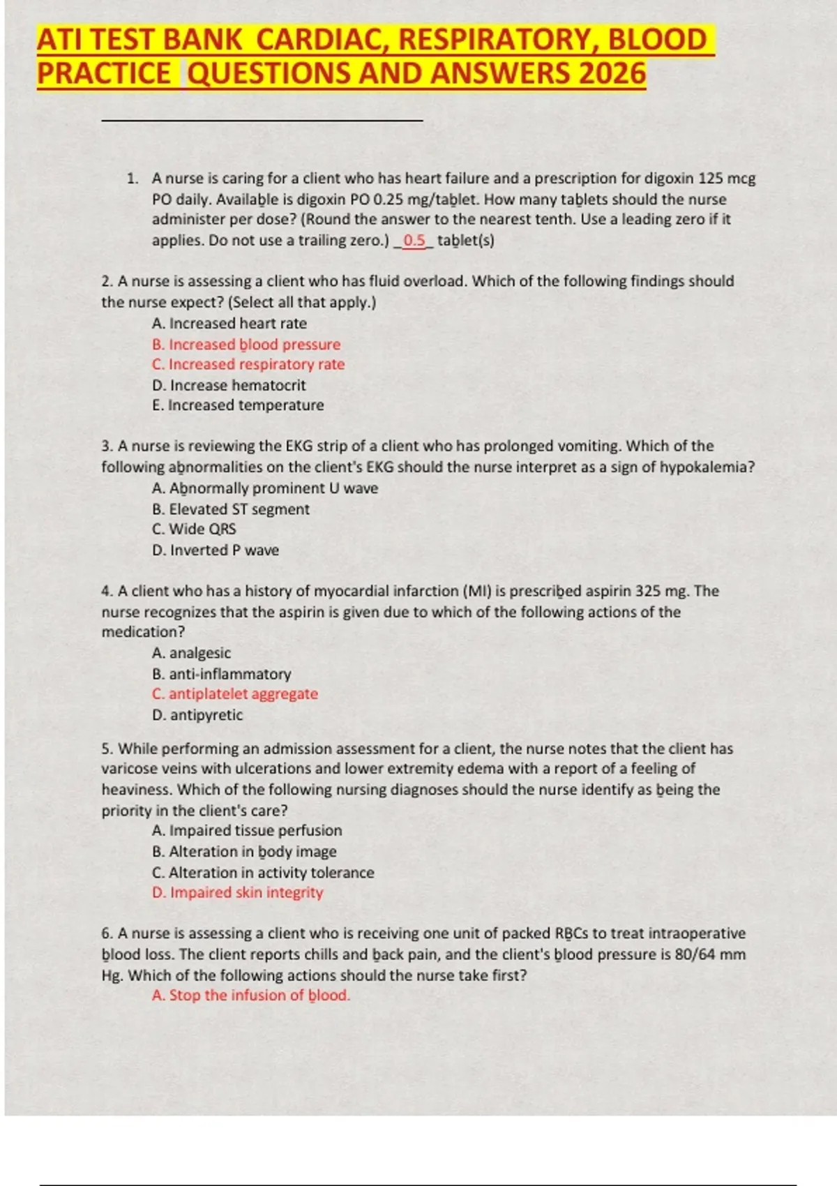 ATI Test Bank – Cardiac, Respiratory, and Blood Practice Questions and ...