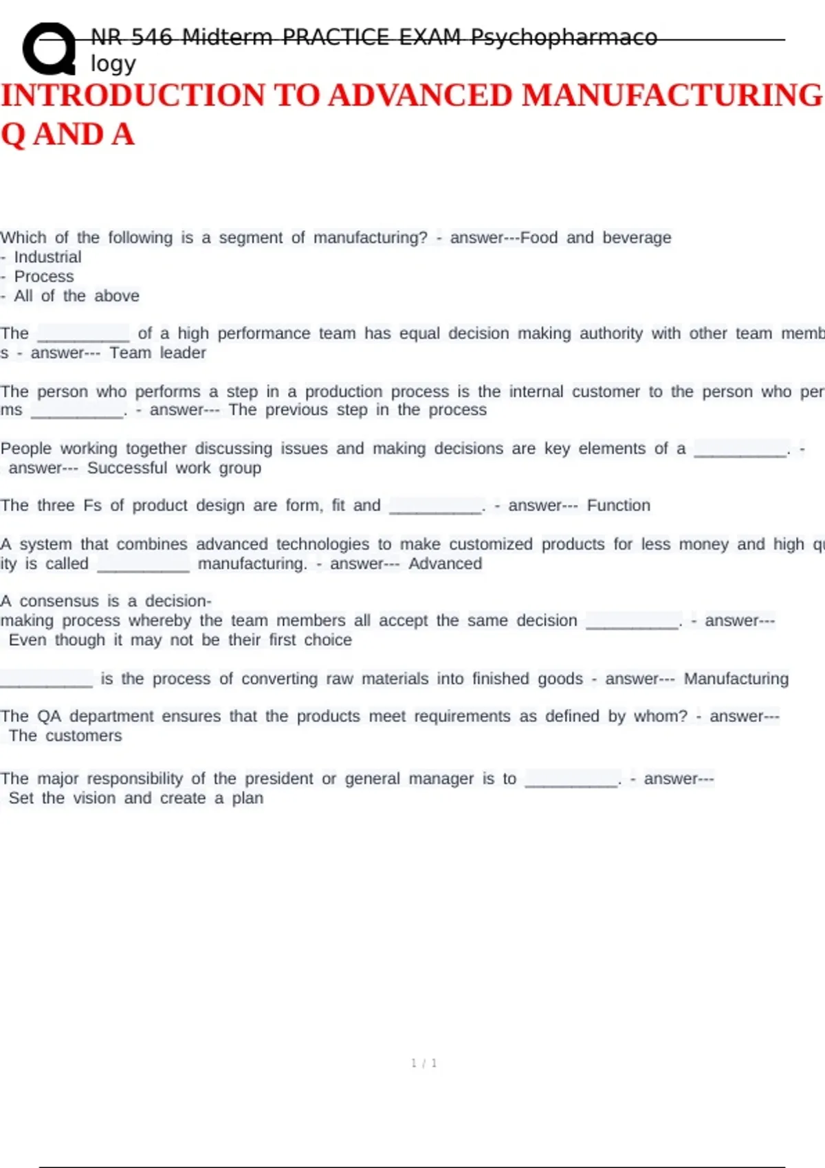 INTRODUCTION TO ADVANCED MANUFACTURING Q AND A - CTCM - Stuvia US