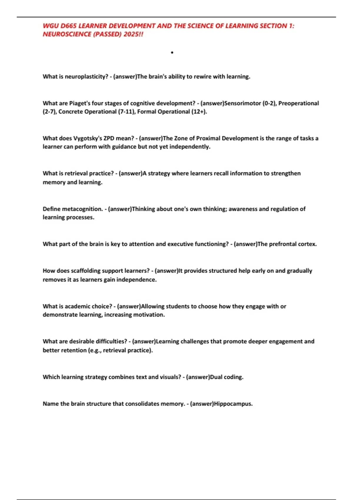 WGU D665 LEARNER DEVELOPMENT AND THE SCIENCE OF LEARNING SECTION 1 ...