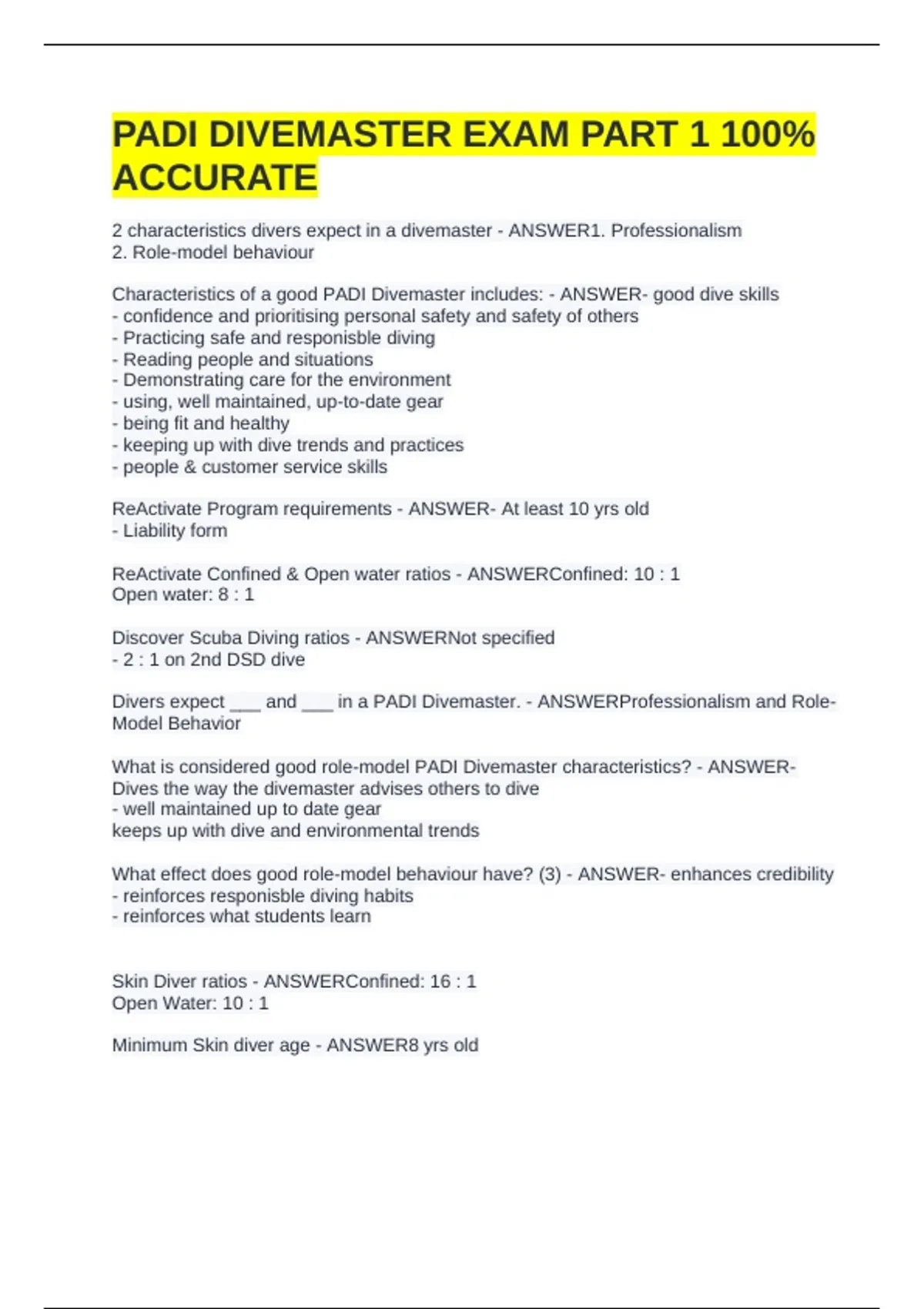PADI DIVEMASTER EXAM PART 1 100% ACCURATE - Padi divemaster - Stuvia US