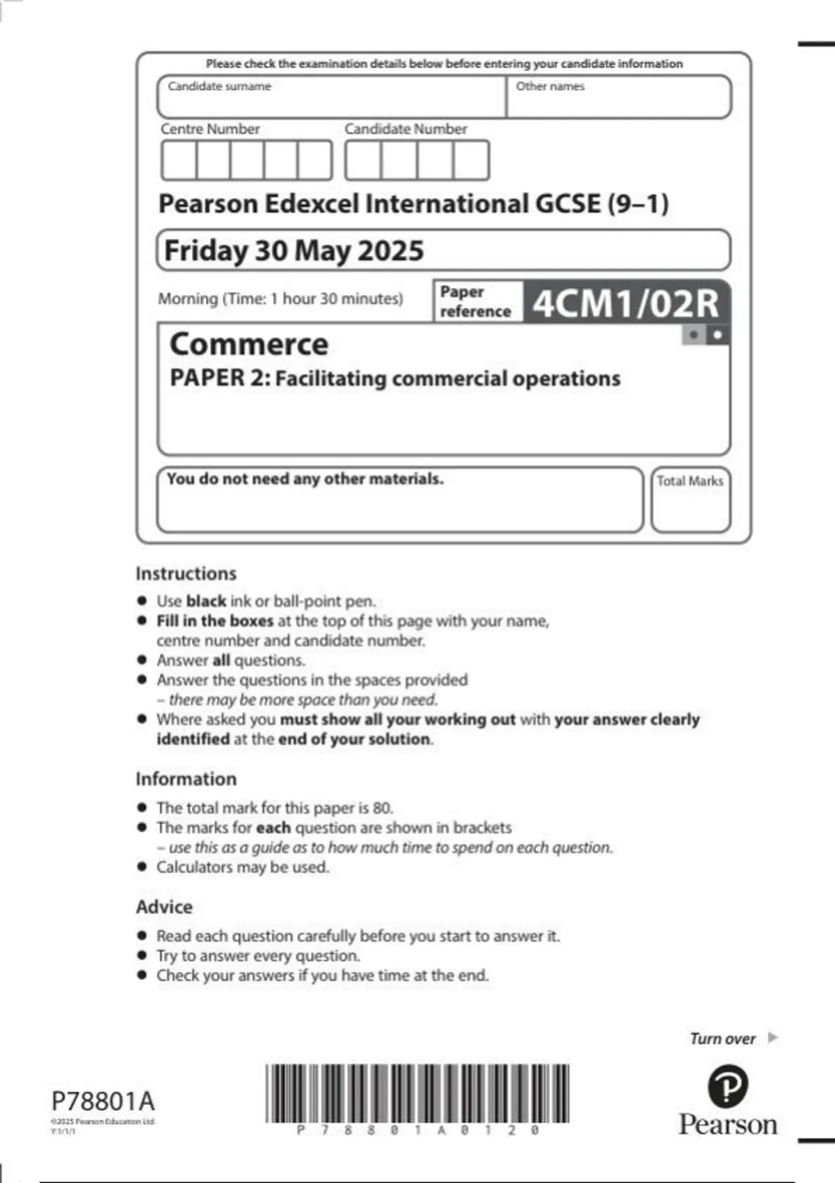 Pearson Edexcel International GCSE May 4CM1 02R Commerce (Linear) Paper ...