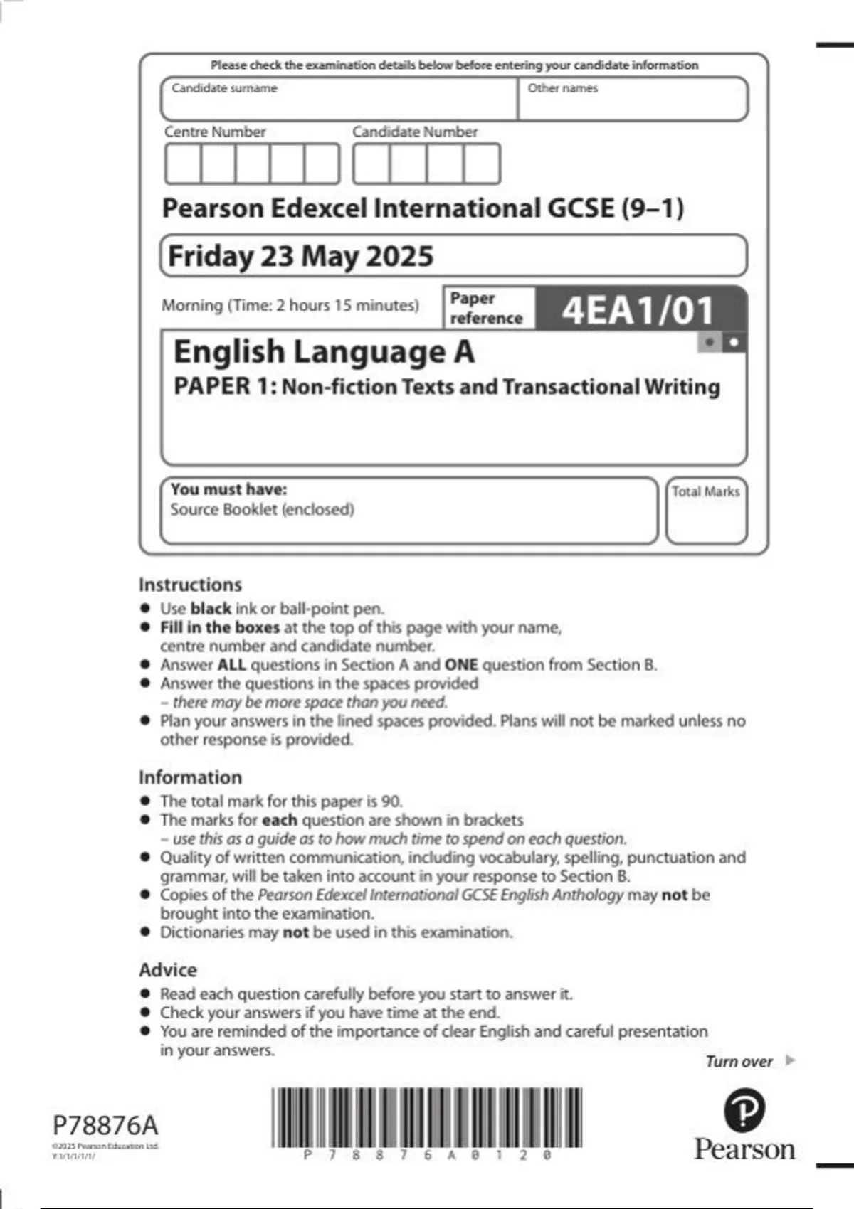 Pearson Edexcel International GCSE May 4EA1 01 English Language A ...