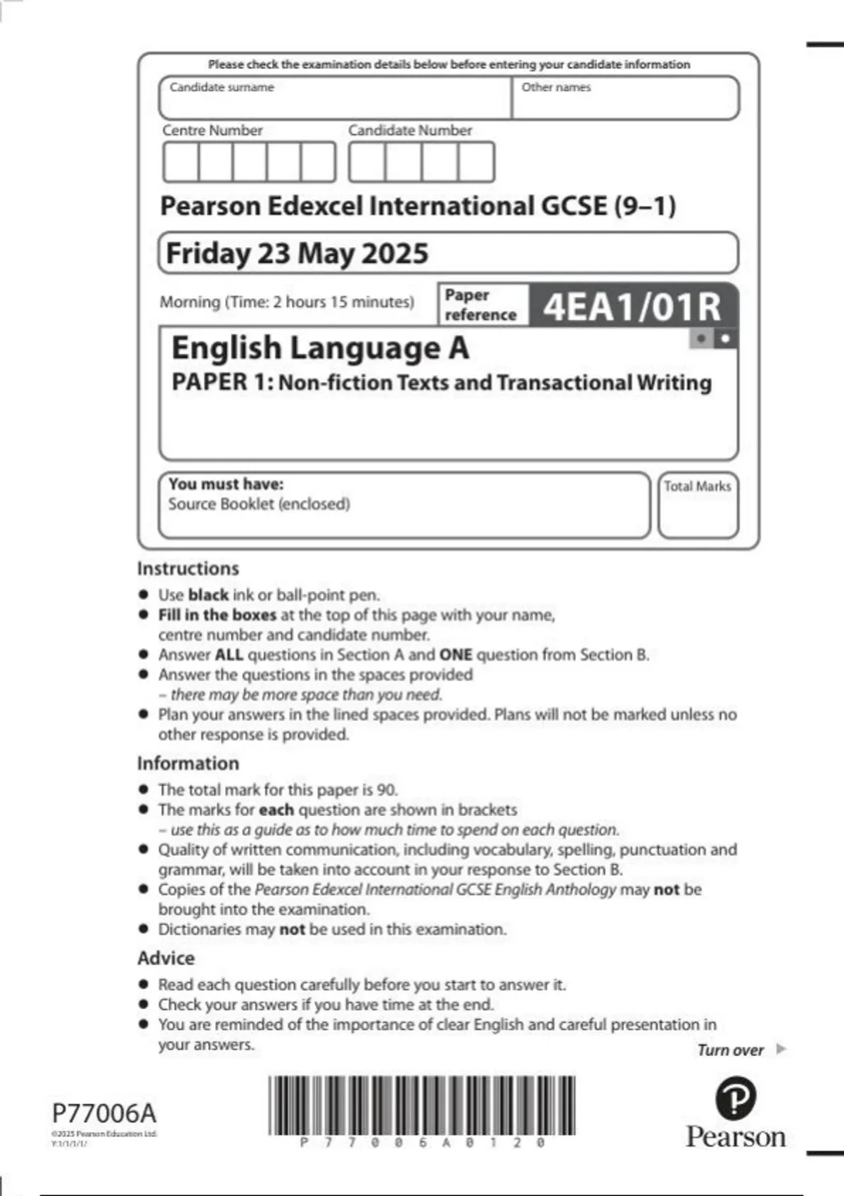 Pearson Edexcel International GCSE May 4EA1 01R English Language A ...
