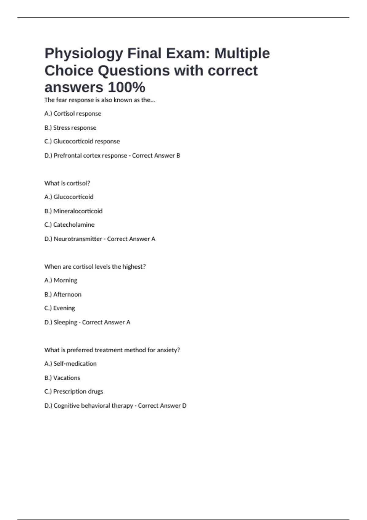 Physiology Final Exam: Multiple Choice Questions with correct answers ...