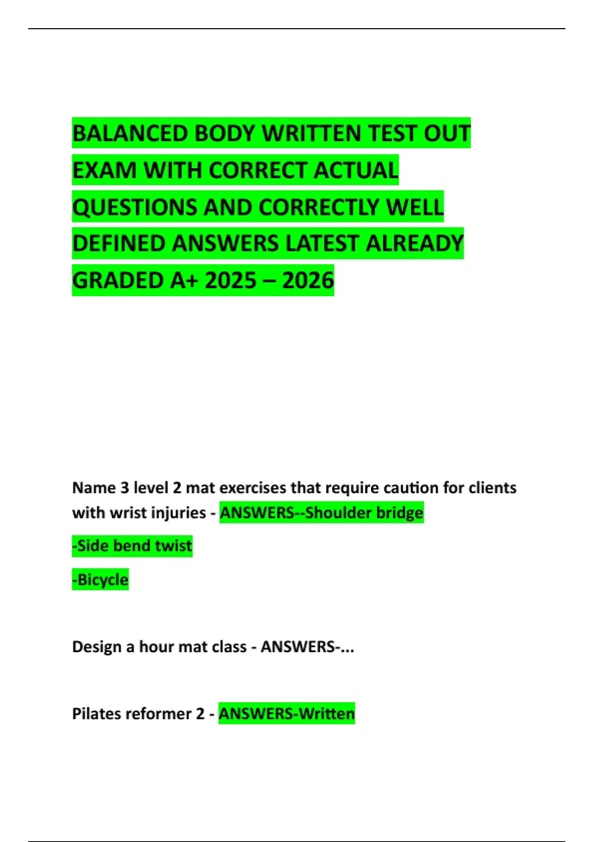 BALANCED BODY WRITTEN TEST OUT EXAM WITH CORRECT ACTUAL QUESTIONS AND ...