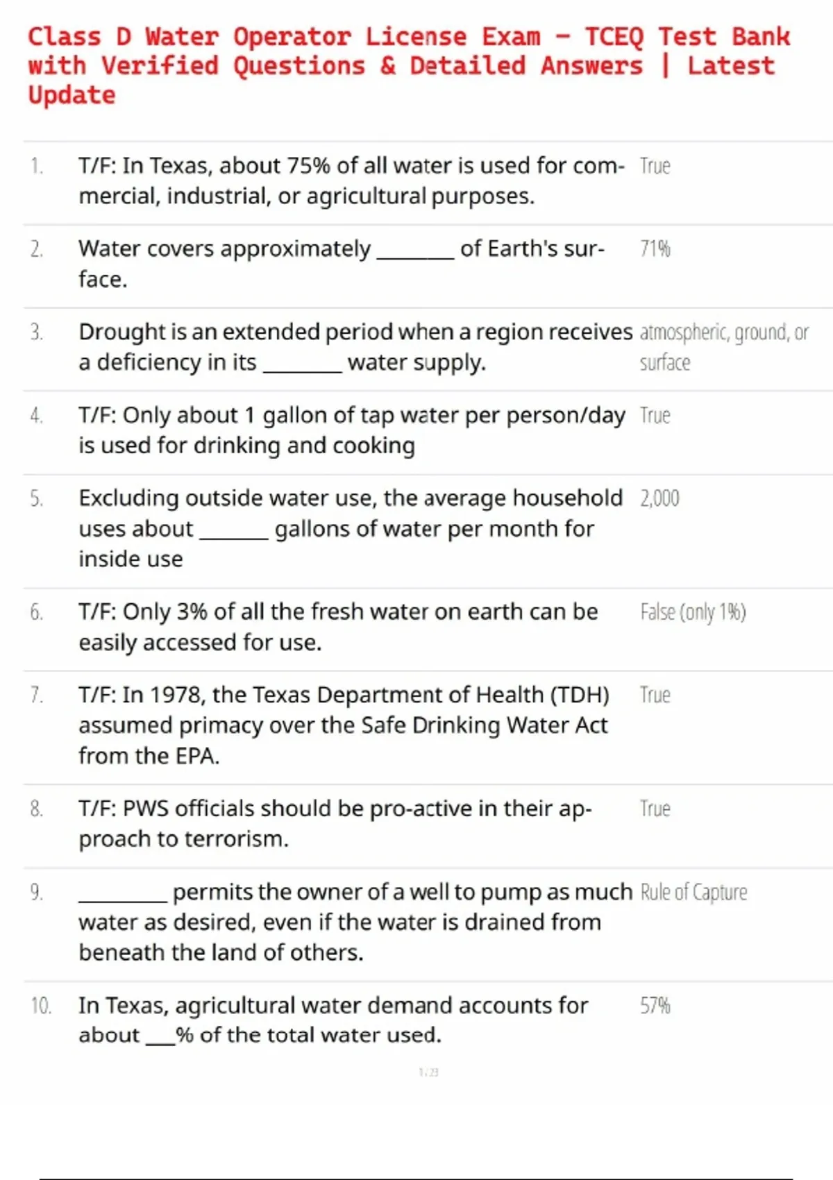 Class D Water Operator License Exam – TCEQ Test Bank with Verified ...
