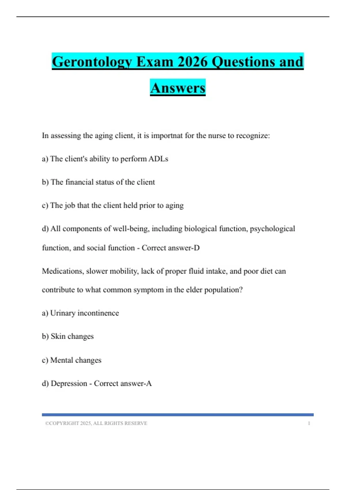 Gerontology Exam 2026 Questions and Answers - Gerontological Nursing ...