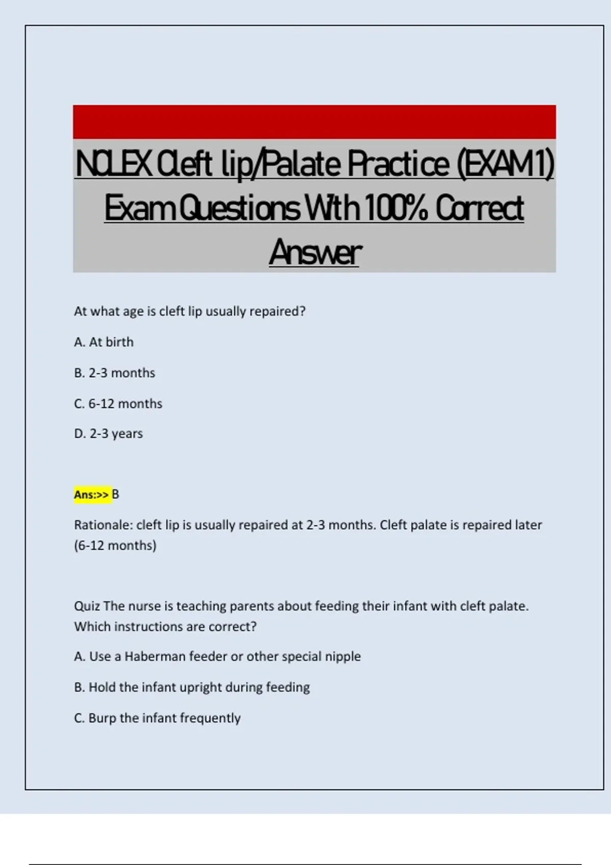 NCLEX Cleft lip/Palate Practice (EXAM 1) Exam Questions With 100% ...