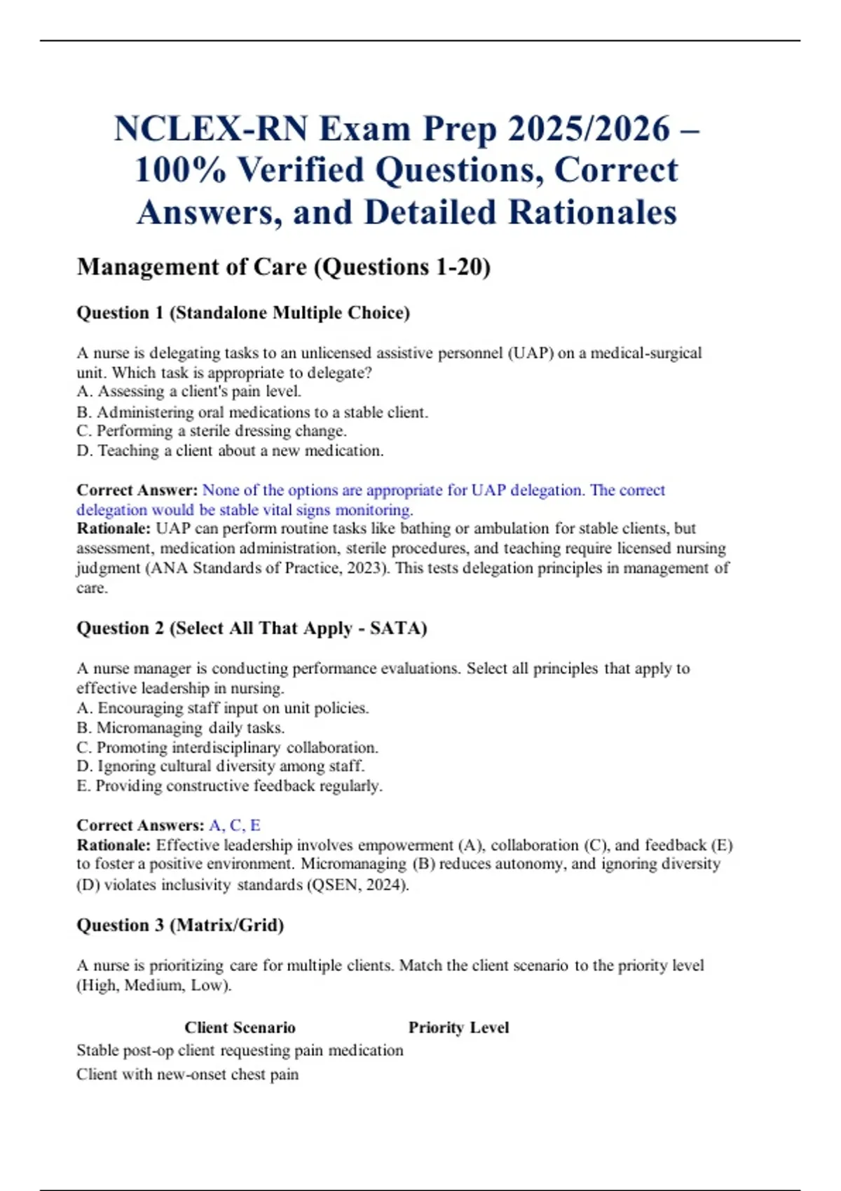 NCLEX-RN Exam Prep 2025/2026 – 100% Verified Questions, Correct Answers ...