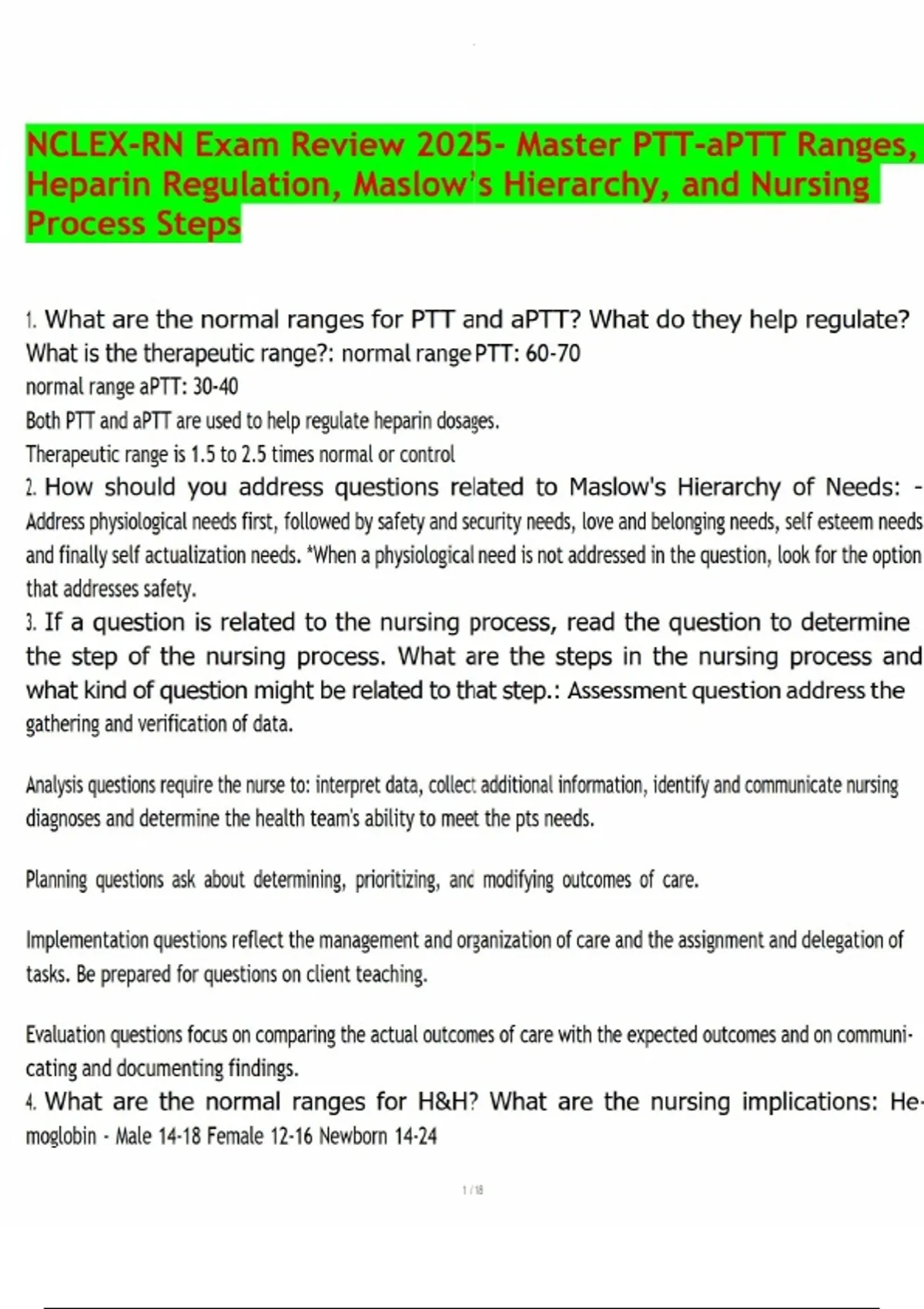 NCLEX-RN Exam Review 2025- Master PTT-aPTT Ranges, Heparin Regulation ...