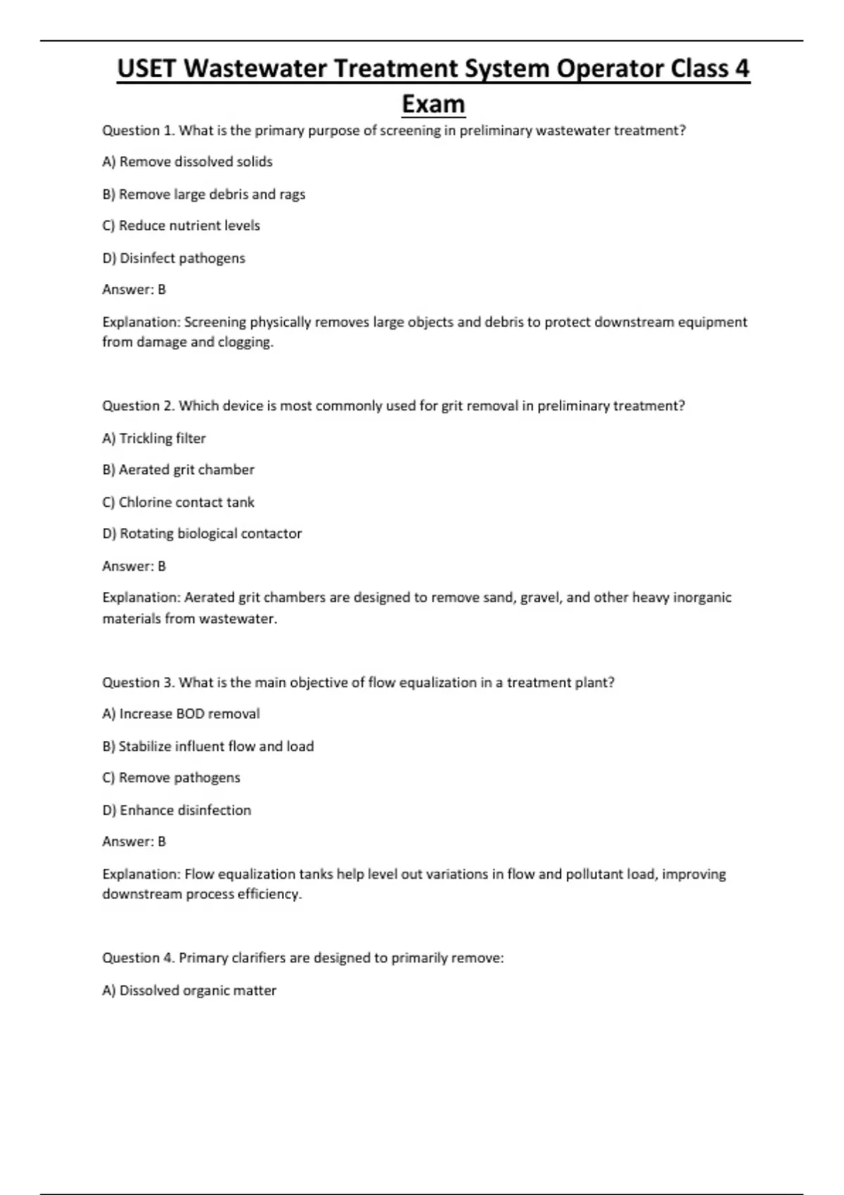 USET Wastewater Treatment System Operator Class 4 Exam - Computers ...