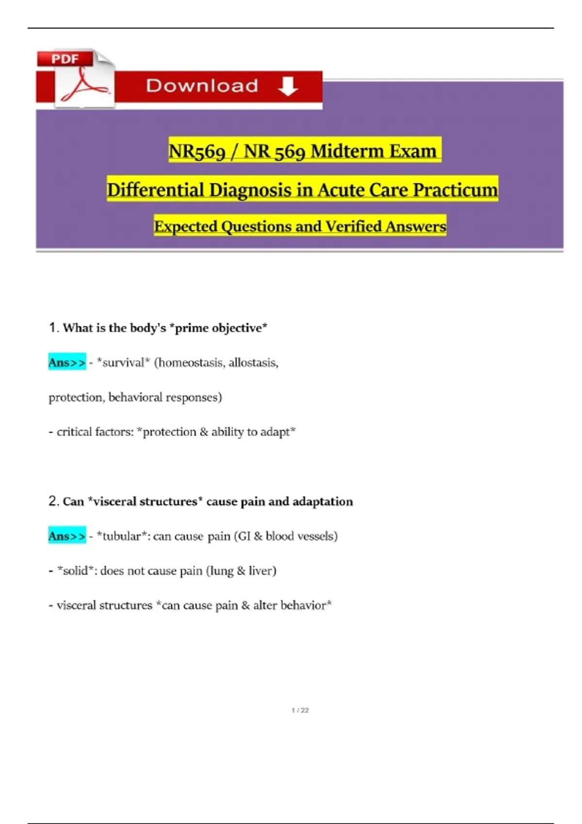 NR 569 Midterm Exam: Differential Diagnosis & Visceral Pain Patterns in ...