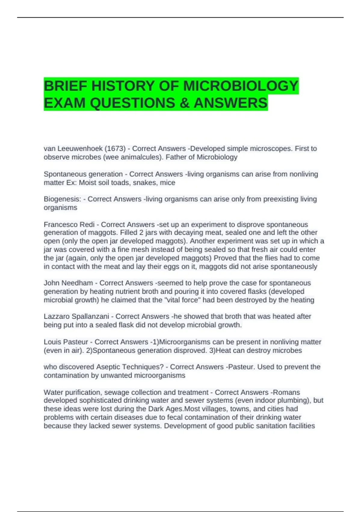 BRIEF HISTORY OF MICROBIOLOGY EXAM QUESTIONS & ANSWERS - Microbiology ...