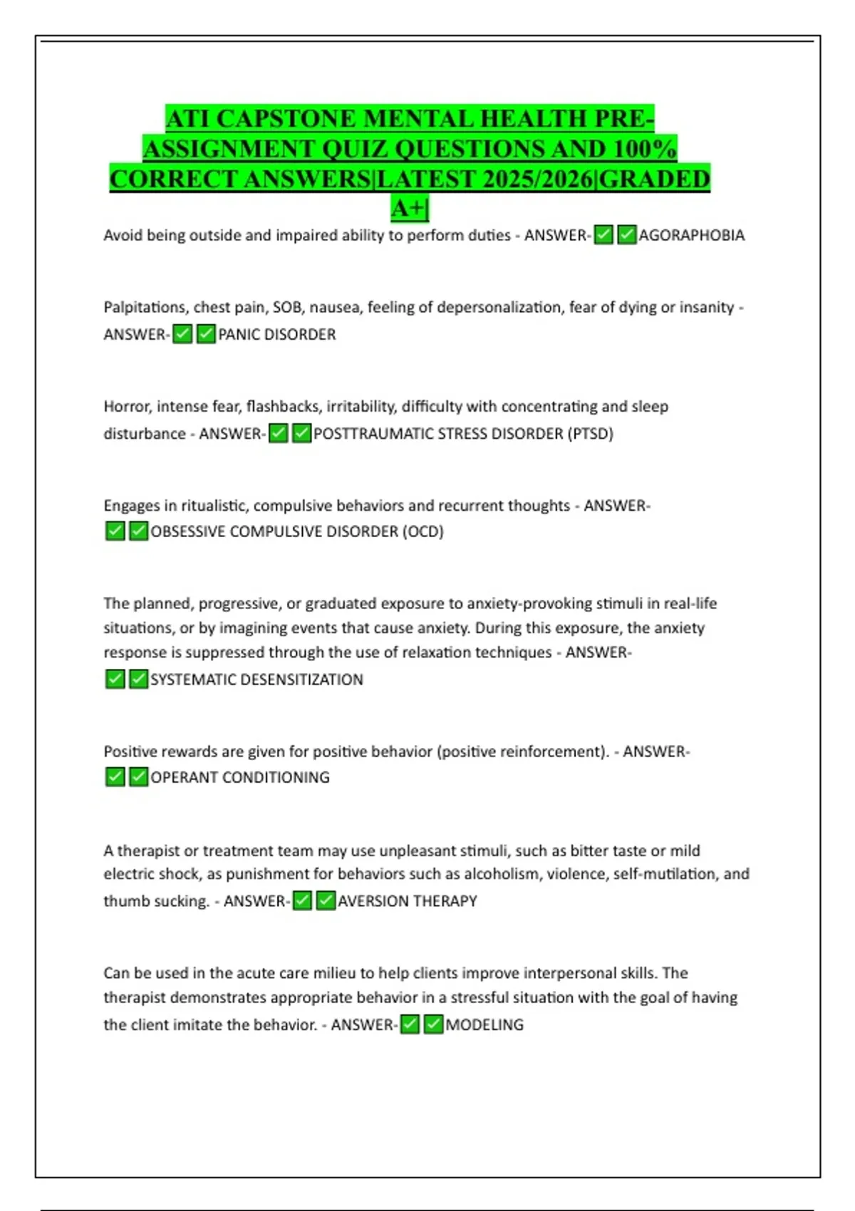 ATI CAPSTONE MENTAL HEALTH PRE-ASSIGNMENT QUIZ QUESTIONS AND 100% ...