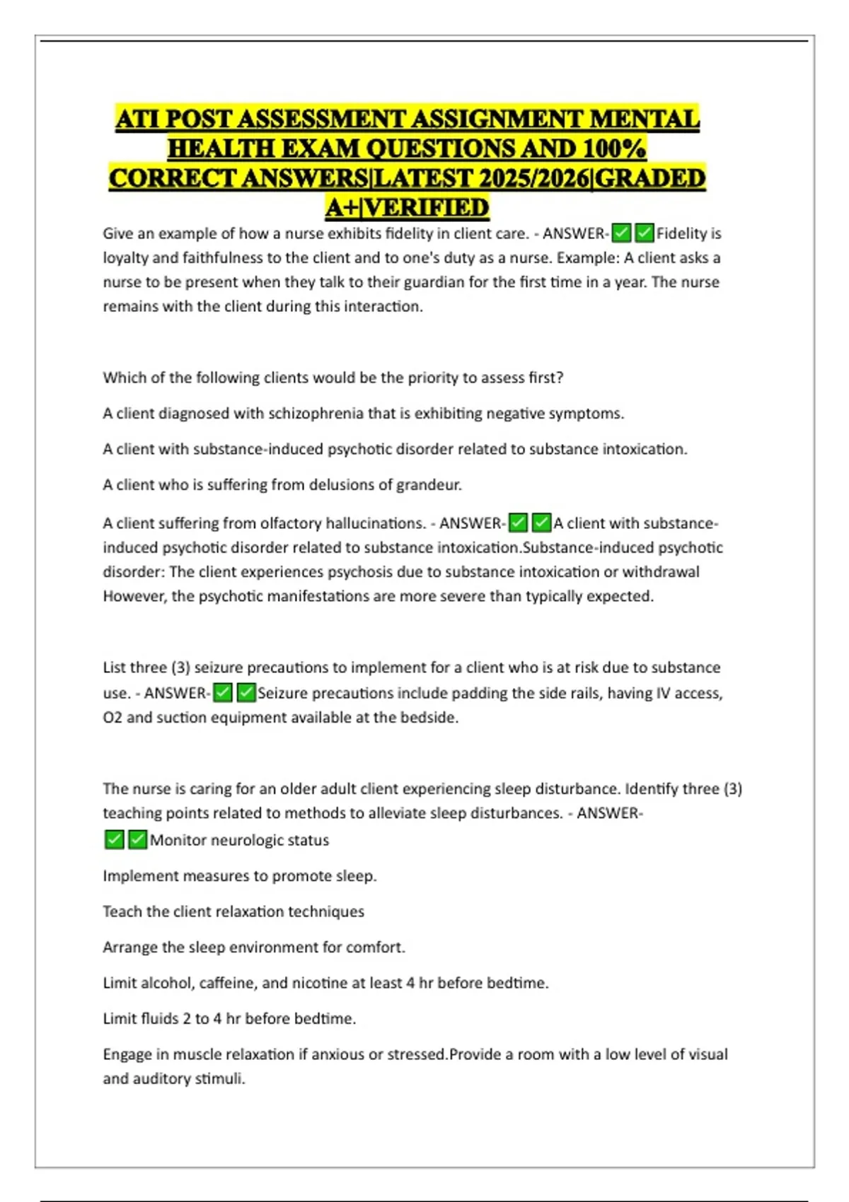 ATI POST ASSESSMENT ASSIGNMENT MENTAL HEALTH EXAM QUESTIONS AND 100% ...