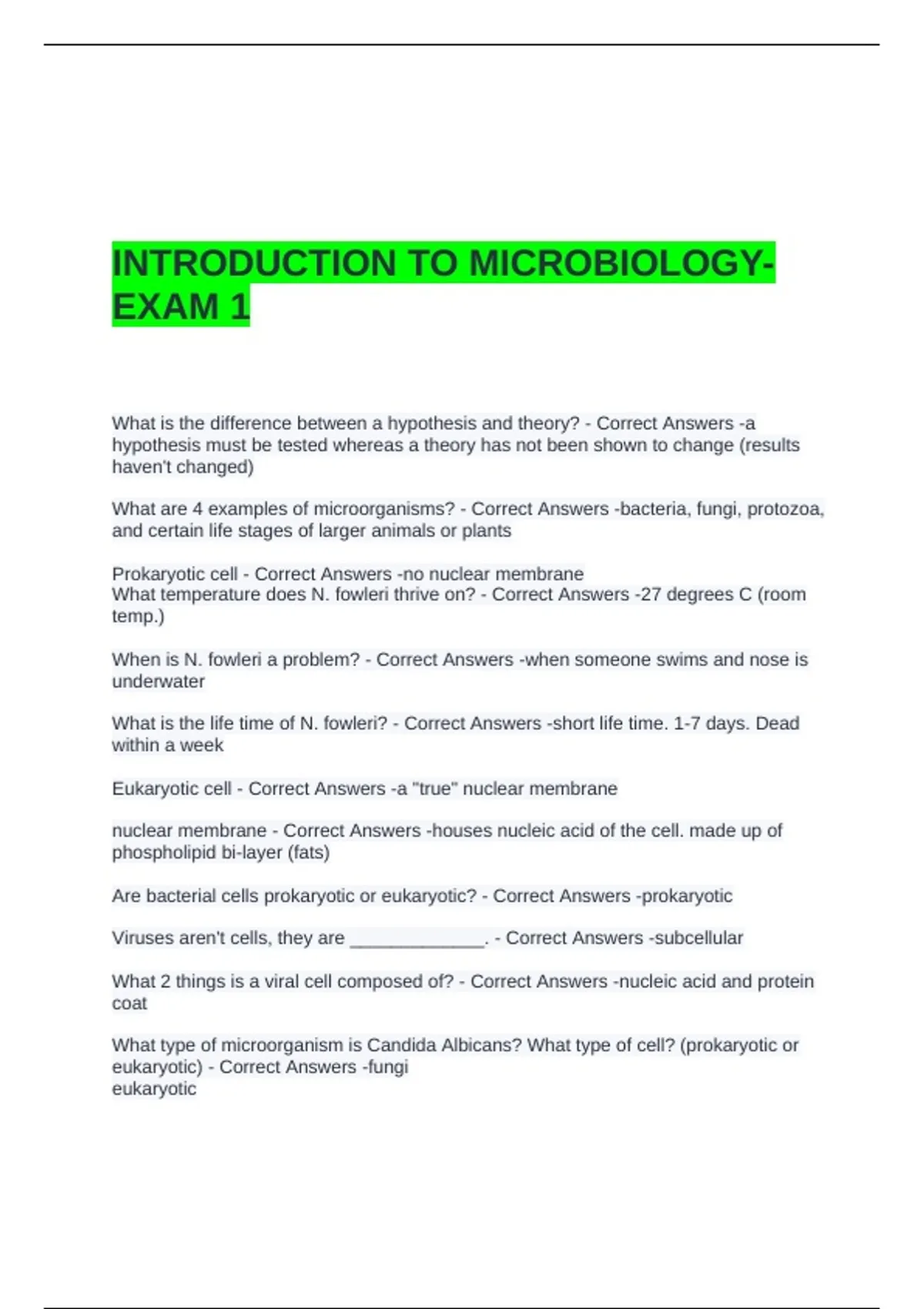INTRODUCTION TO MICROBIOLOGY- EXAM 1 QUESTIONS AND ANSWERS ...
