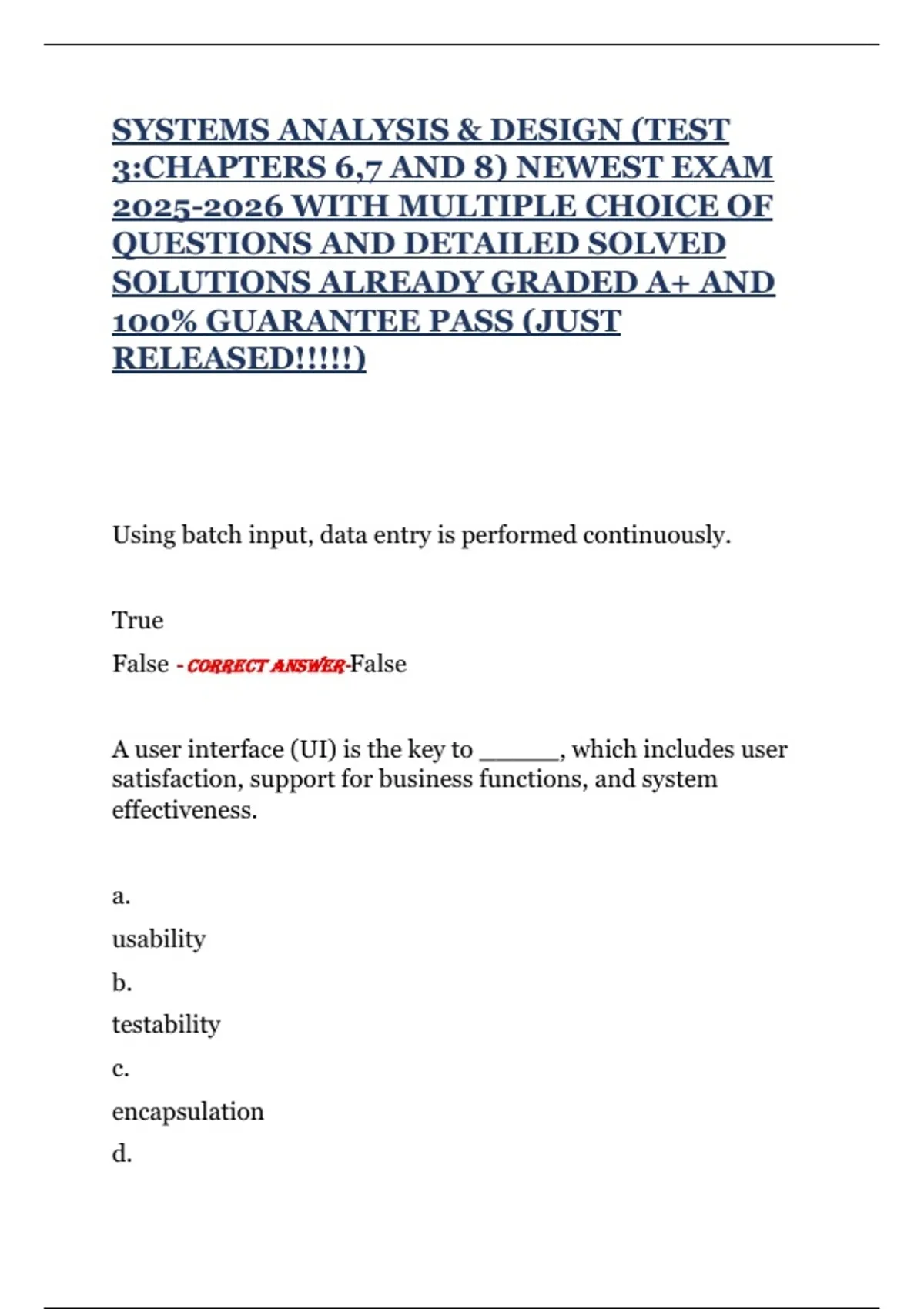 SYSTEMS ANALYSIS & DESIGN (TEST 3:CHAPTERS 6,7 AND 8) NEWEST EXAM WITH ...