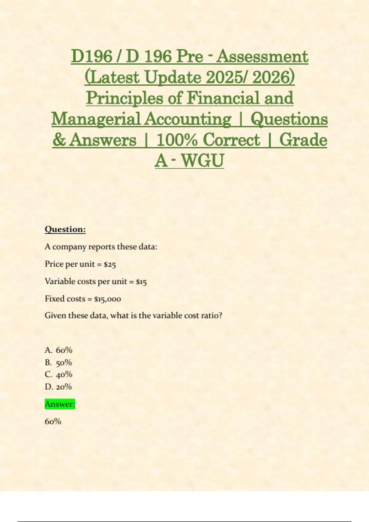 D196 / D 196 Pre - Assessment (Latest Update 2025/ 2026) Principles of ...