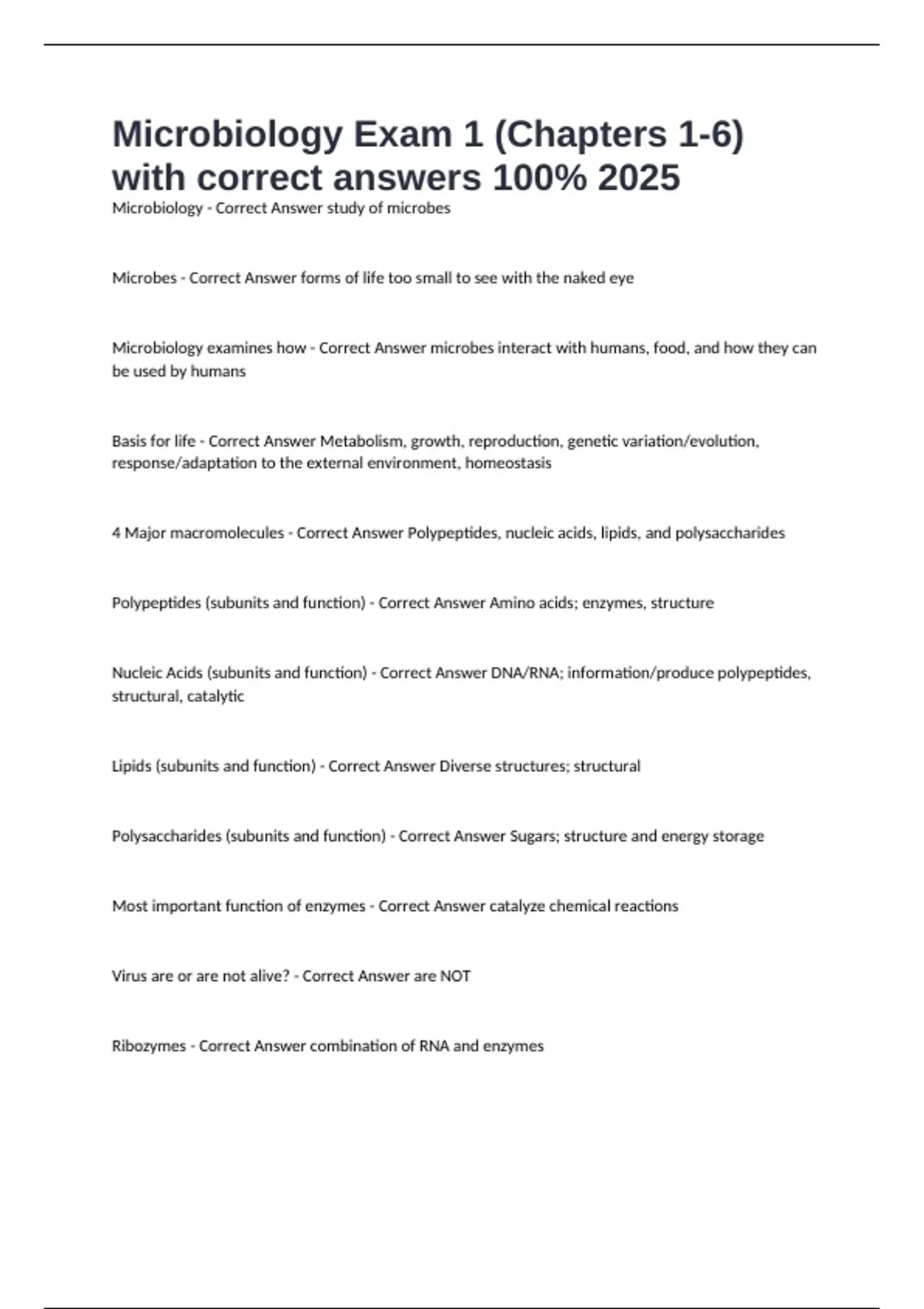 Microbiology Exam 1 (Chapters 1-6) with correct answers 100% 2025 ...
