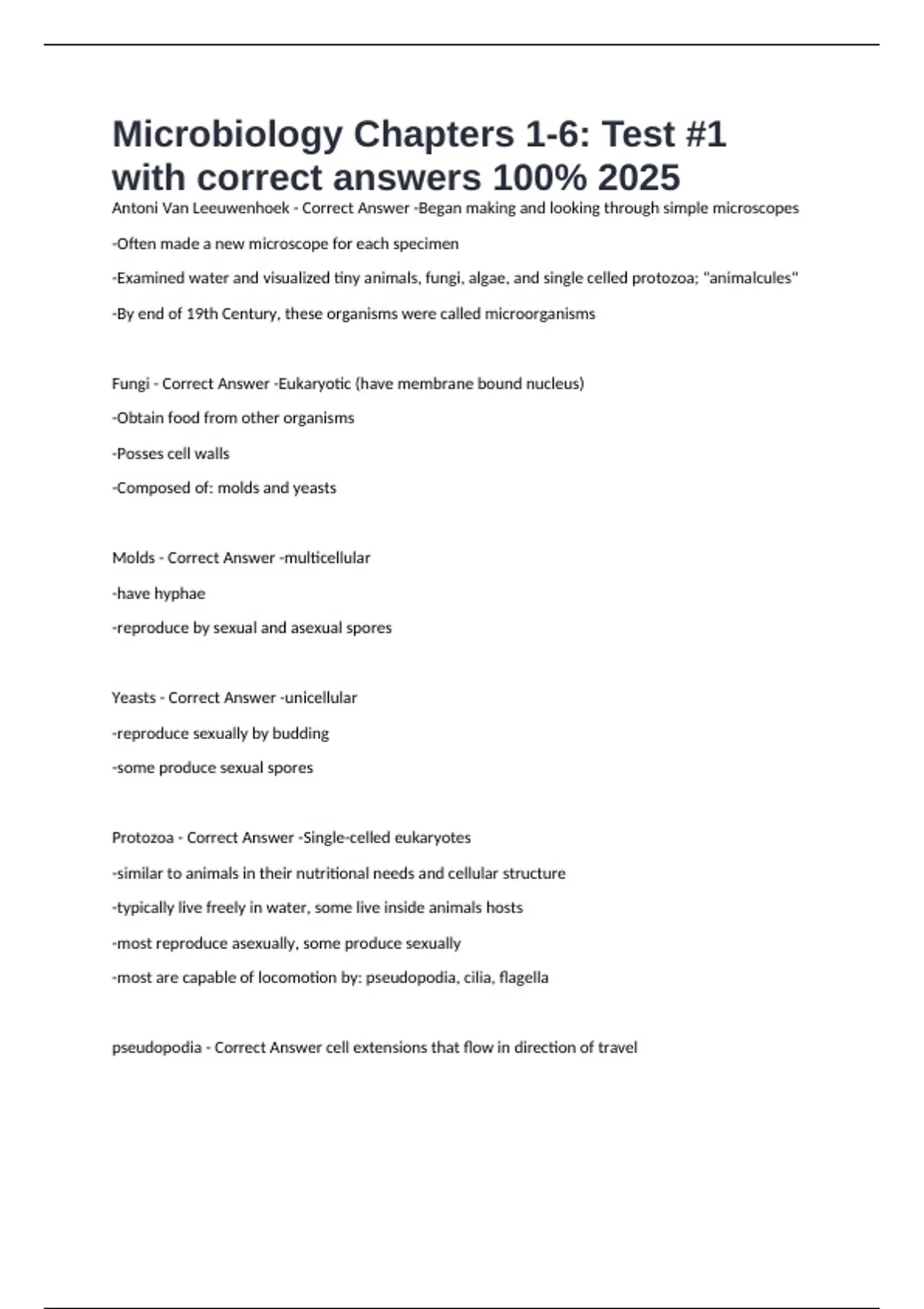 Microbiology Chapters 1-6: Test #1 with correct answers 100% 2025 ...