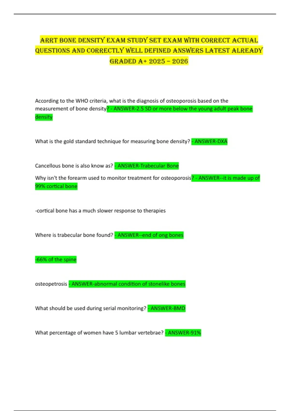 ARRT BONE DENSITY EXAM STUDY SET EXAM WITH CORRECT ACTUAL QUESTIONS AND ...