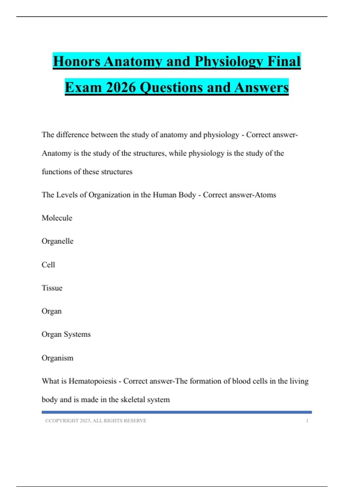 Honors Anatomy and Physiology Final Exam 2026 Questions and Answers ...