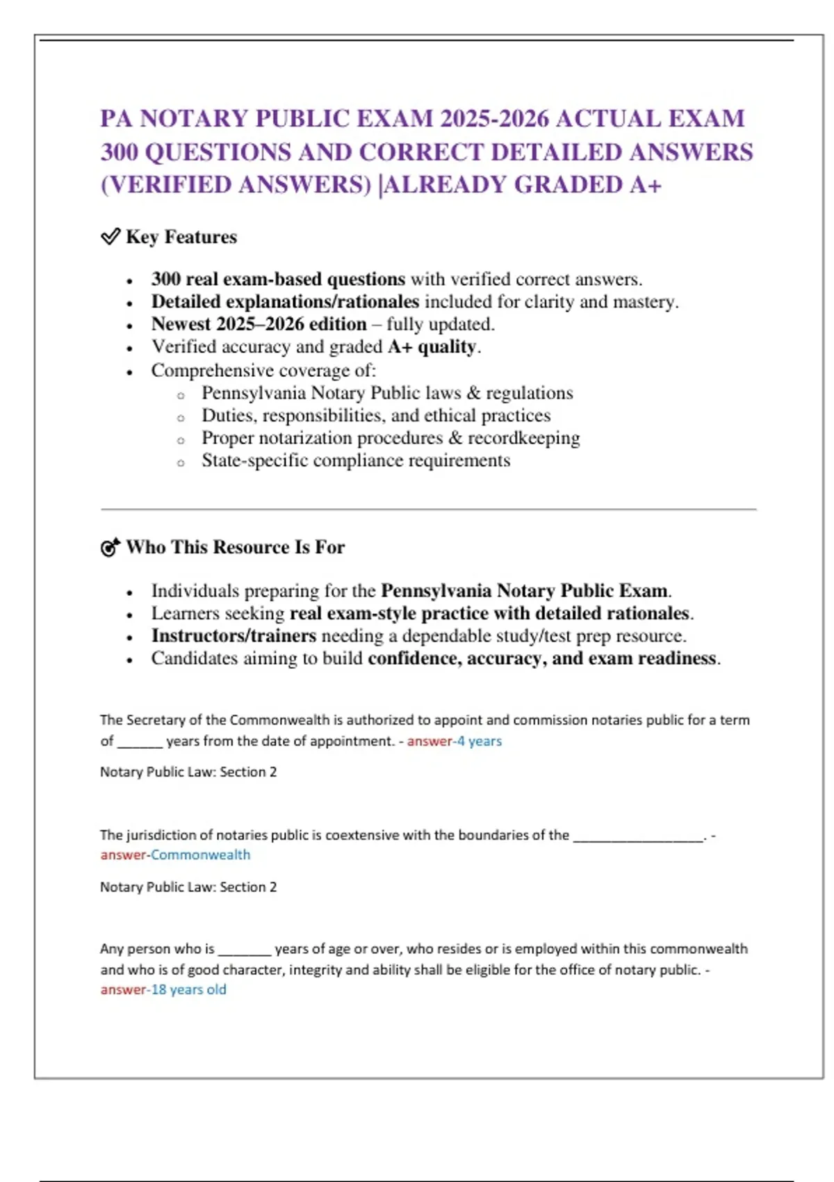 PA NOTARY PUBLIC EXAM ACTUAL EXAM 300 QUESTIONS AND CORRECT DETAILED ...