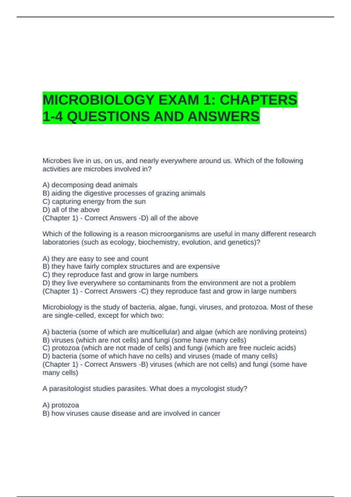 MICROBIOLOGY EXAM 1 CHAPTERS 1-4 QUESTIONS AND ANSWERS - Microbiology ...