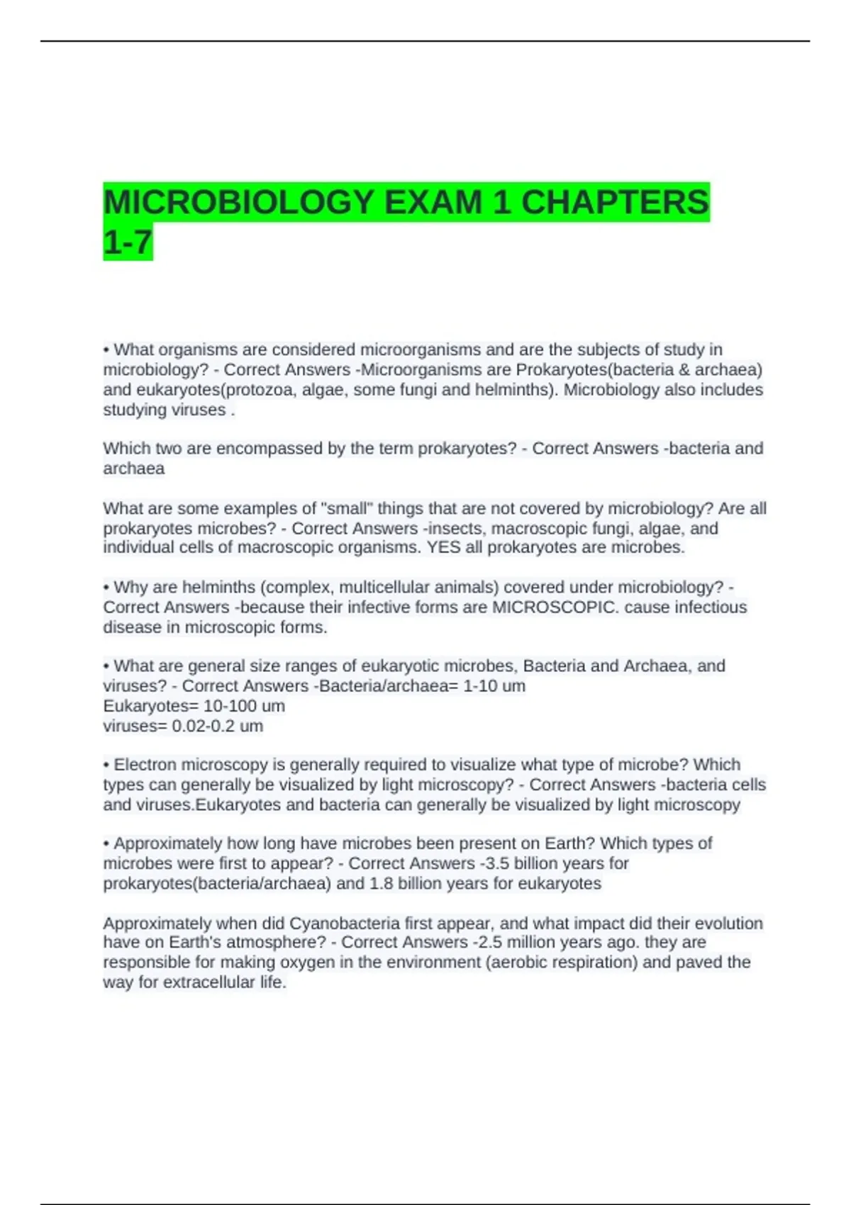 MICROBIOLOGY EXAM 1 CHAPTERS 1-7 QUESTIONS AND ANSWERS - Microbiology ...