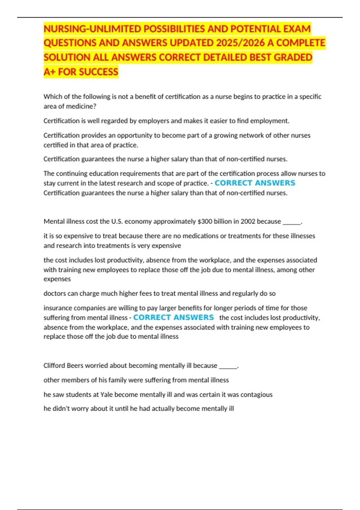 NURSING-UNLIMITED POSSIBILITIES AND POTENTIAL EXAM QUESTIONS AND ...