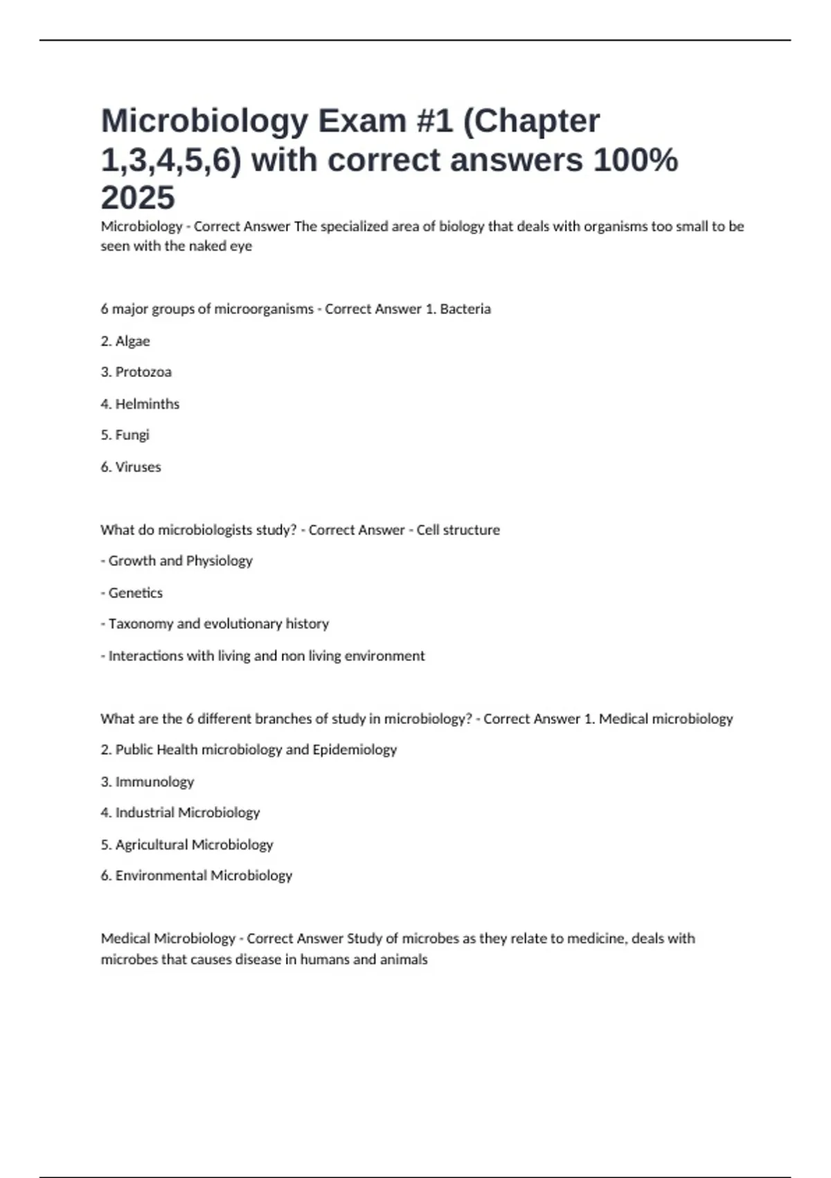 Microbiology Exam #1 (Chapter 1,3,4,5,6) with correct answers 100% 2025 ...