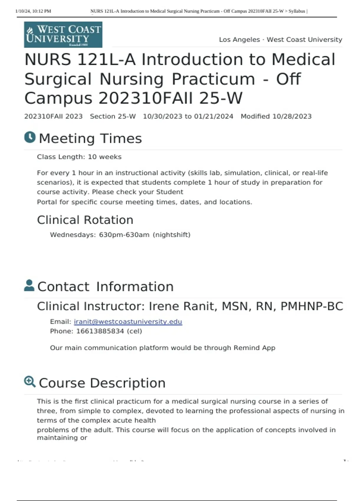 NURS 121L-A Introduction to Medical-Surgical Nursing Practicum Syllabus ...