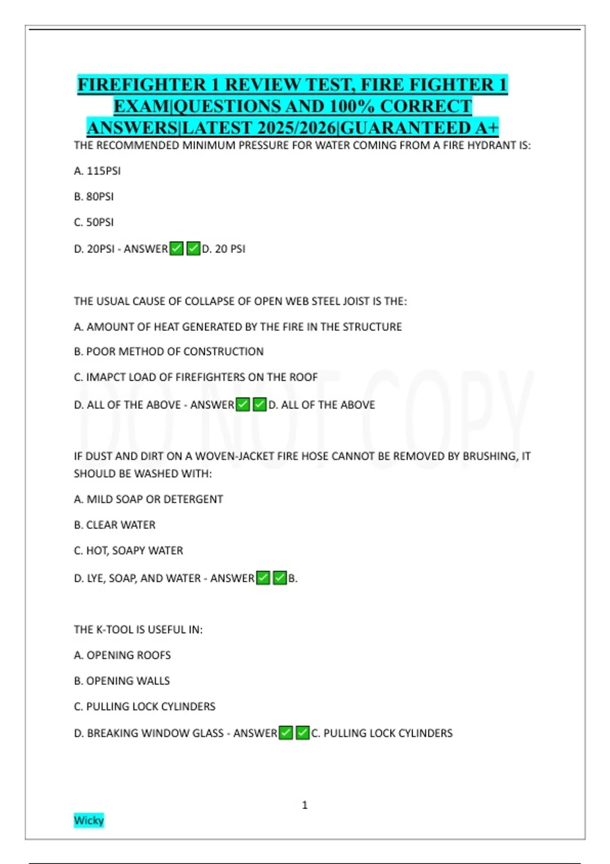 FIREFIGHTER 1 REVIEW TEST, FIRE FIGHTER 1 EXAM|QUESTIONS AND 100% ...