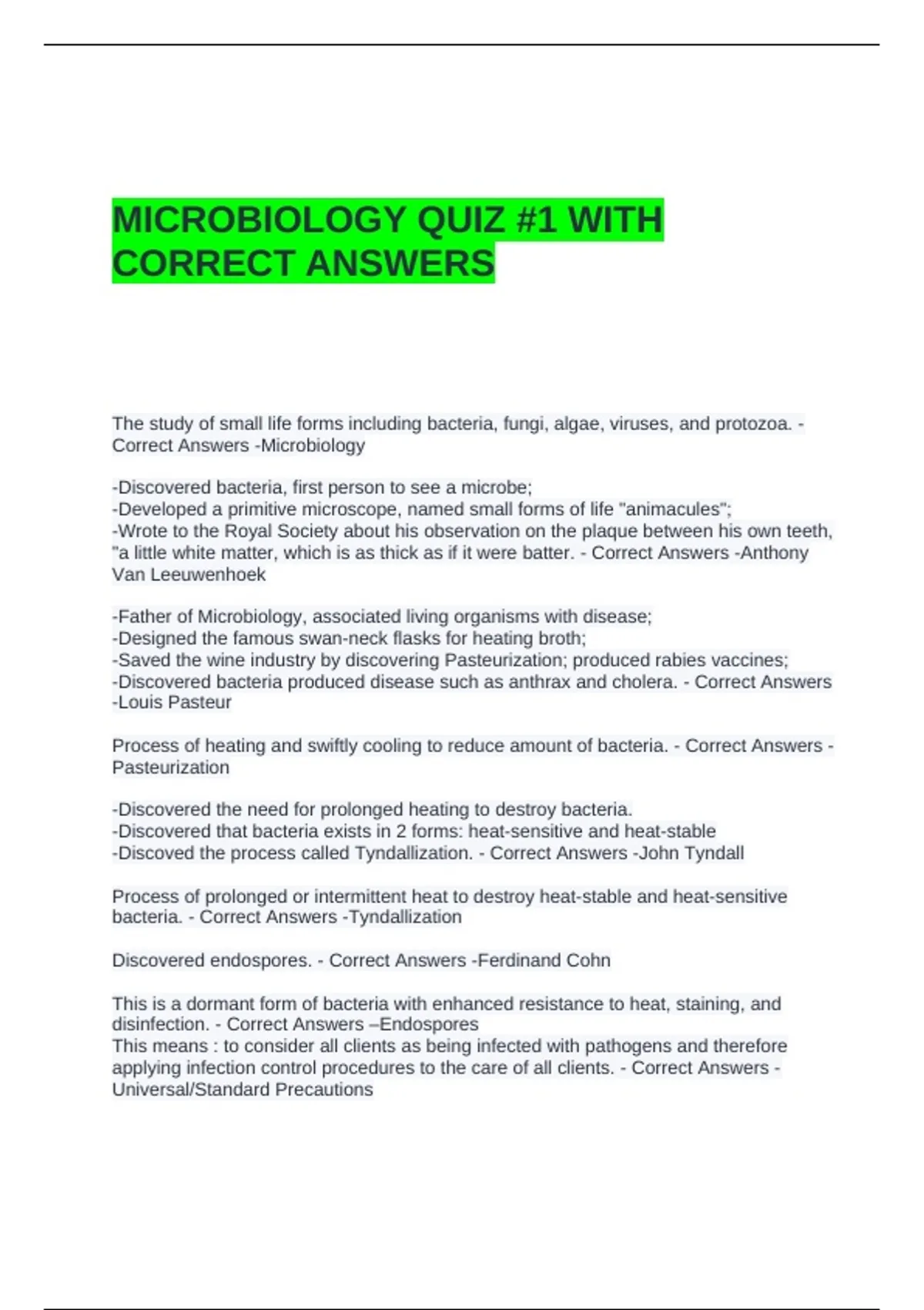 MICROBIOLOGY QUIZ #1 WITH CORRECT ANSWERS - MICROBIOLOGY - Stuvia US