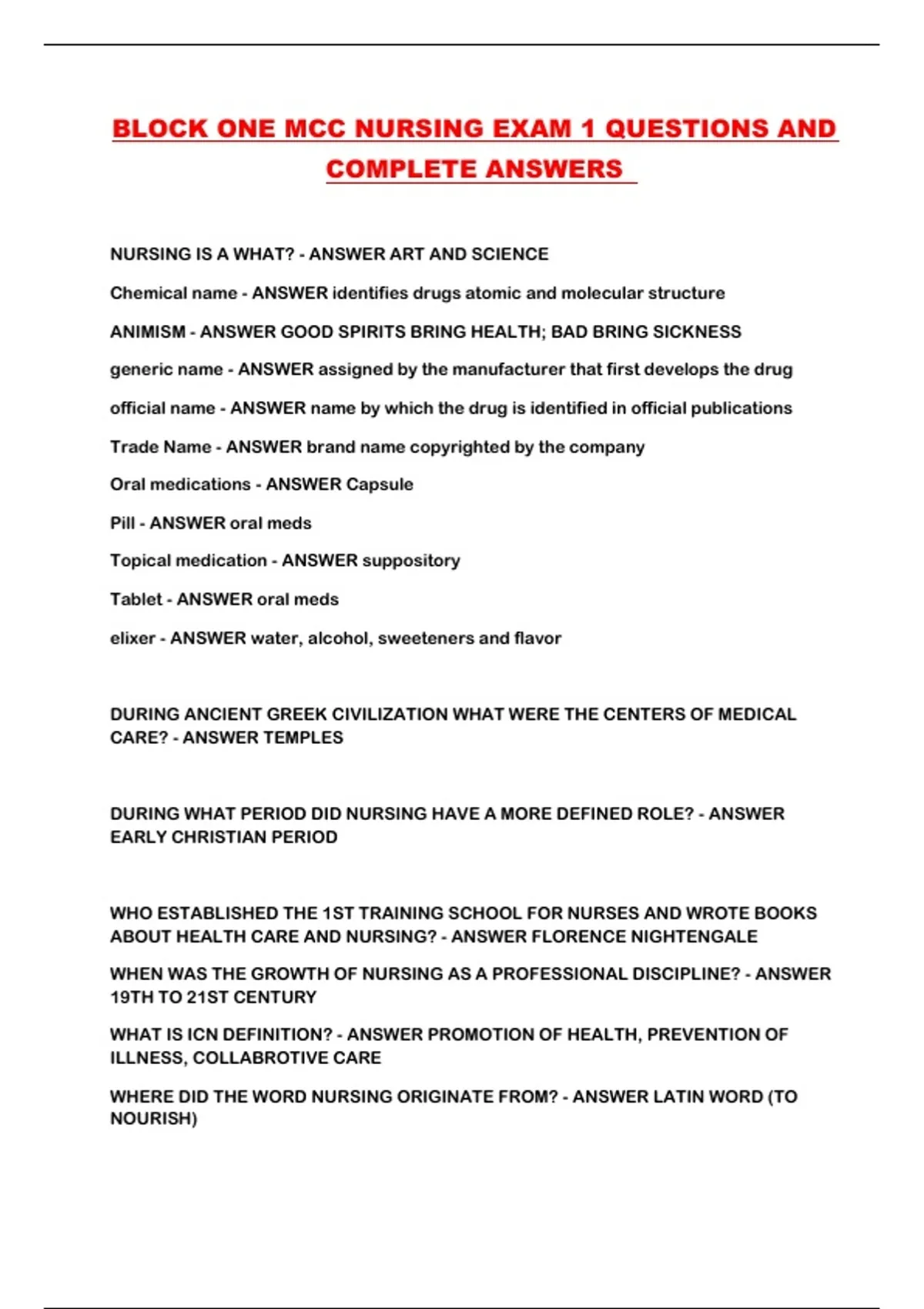 BLOCK ONE MCC NURSING EXAM 1 QUESTIONS AND COMPLETE ANSWERS - BLOCK ONE ...