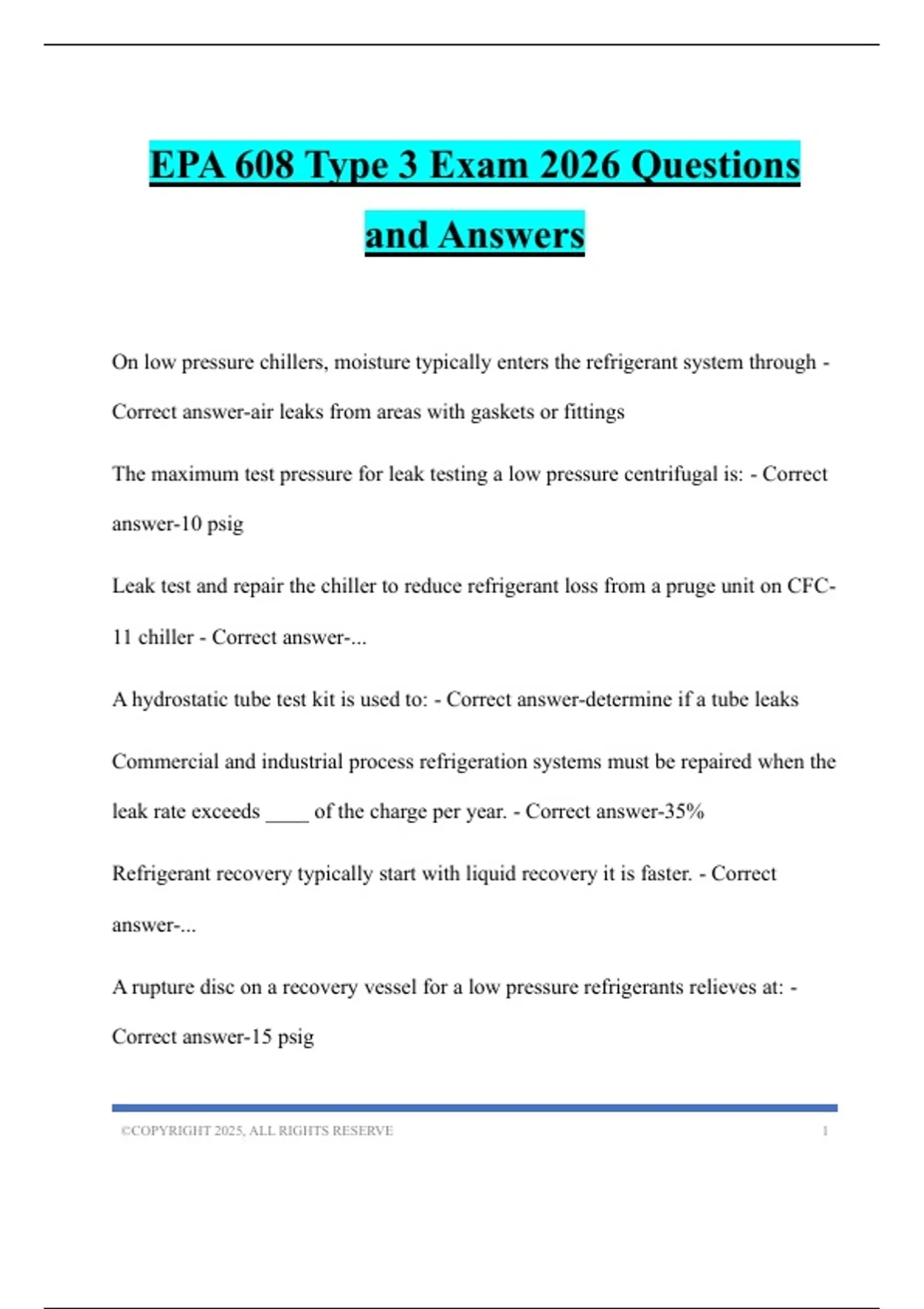 EPA 608 Type 3 Exam 2026 Questions and Answers - EPA 608 - Stuvia US
