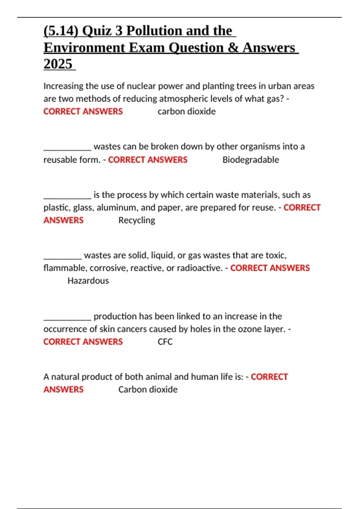(5.14) Quiz 3 Pollution and the Environment Exam Question & Answers ...
